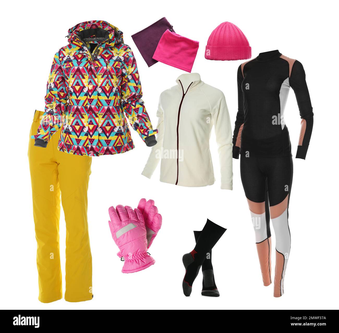 Collection of stylish winter sports clothes on white background Stock ...