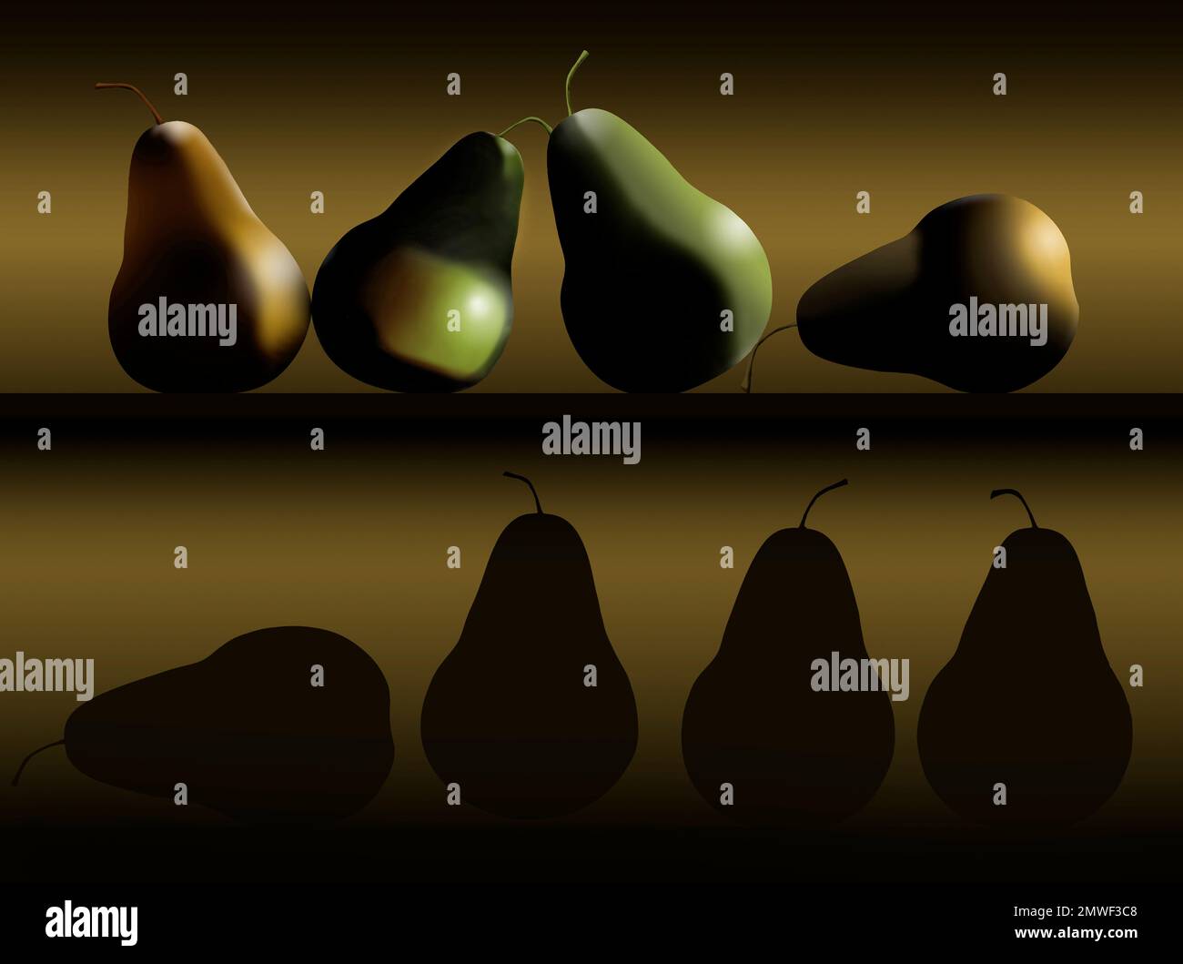 Pears, yellow and green are seen in illustration with dramatic low key ...