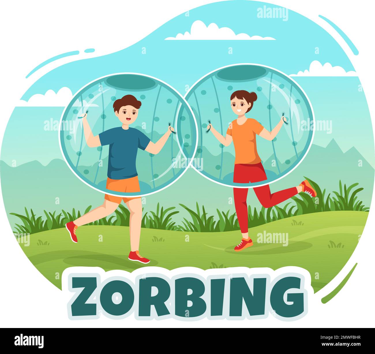 Zorbing Illustration with People Playing Bubble Bump on Green Field or ...