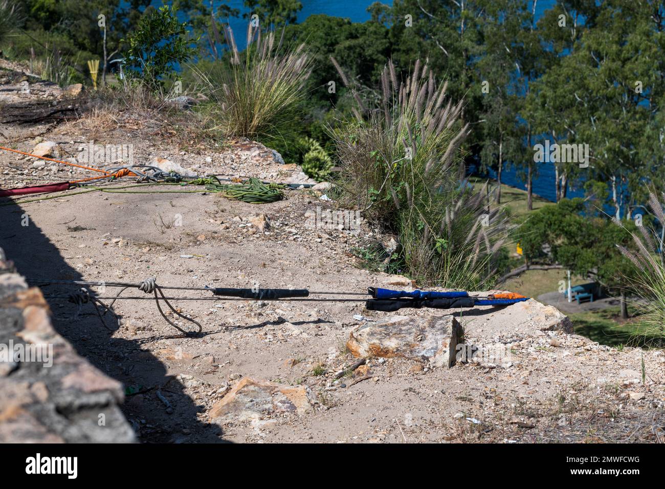 Rock Climbing rope secured at top of cliffs at Kangaroo Point Stock ...