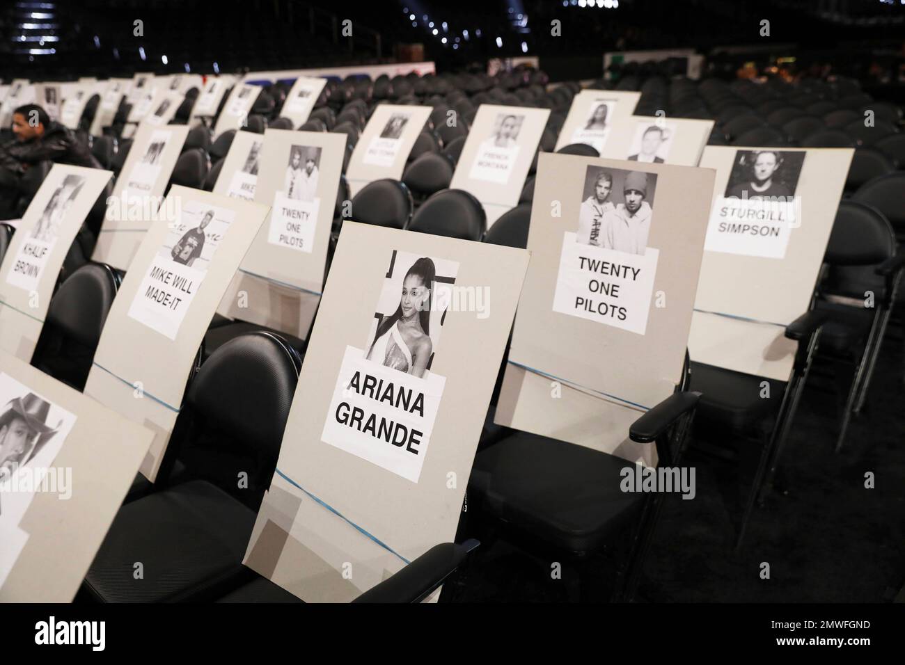 Seating placards for the 59th Annual Grammy Awards appear inside the ...