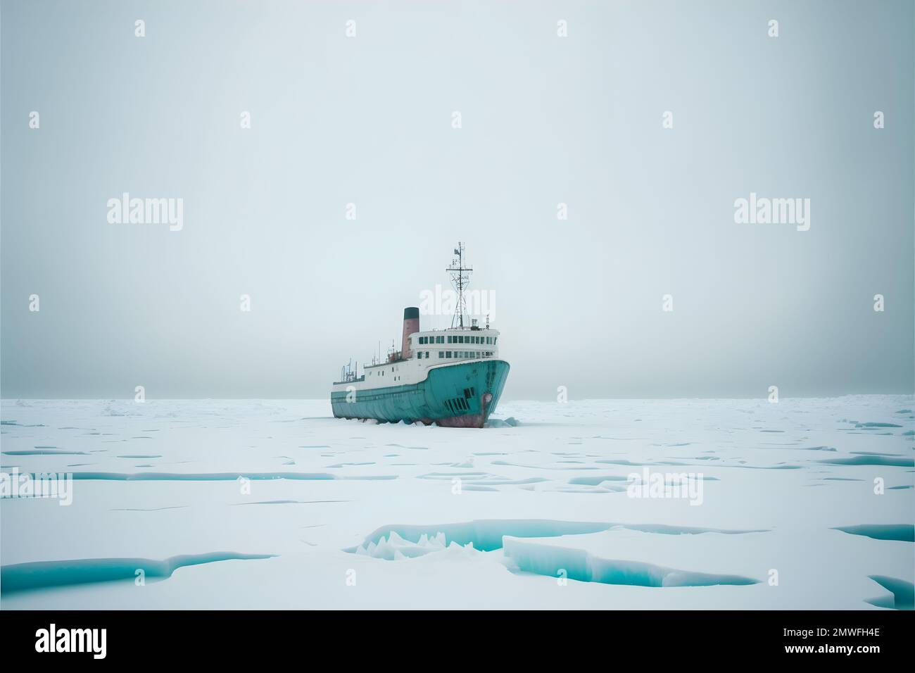A scenic shot of an icebreaker ship going through ice and snow with a ...