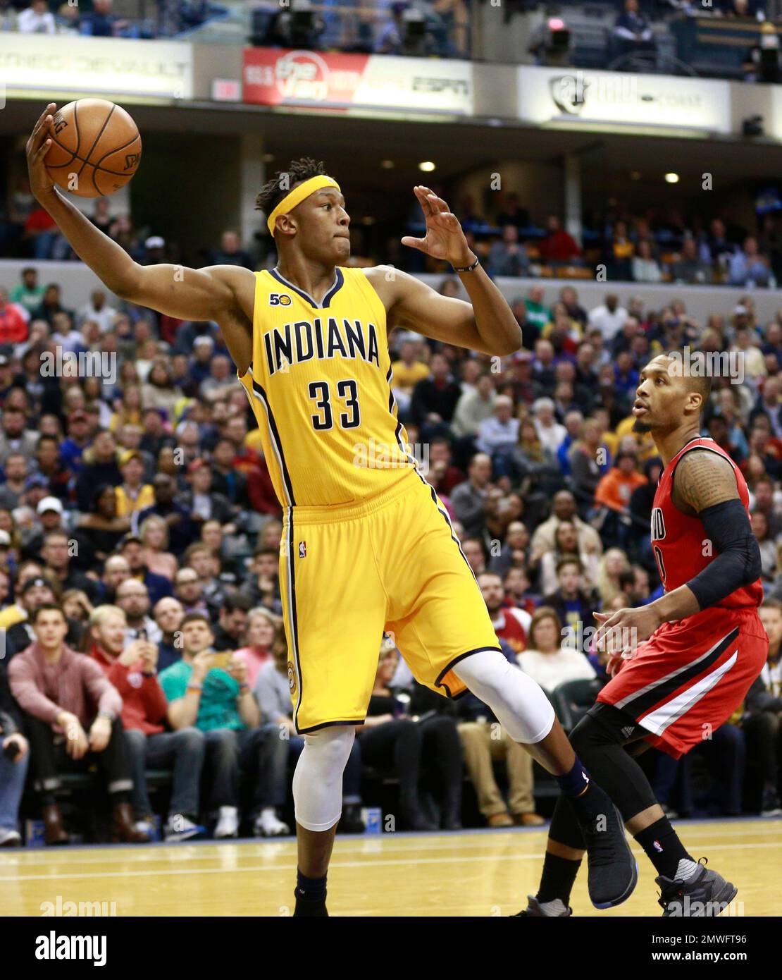 Indiana Pacers center Myles Turner (33) against the Portland Trail ...