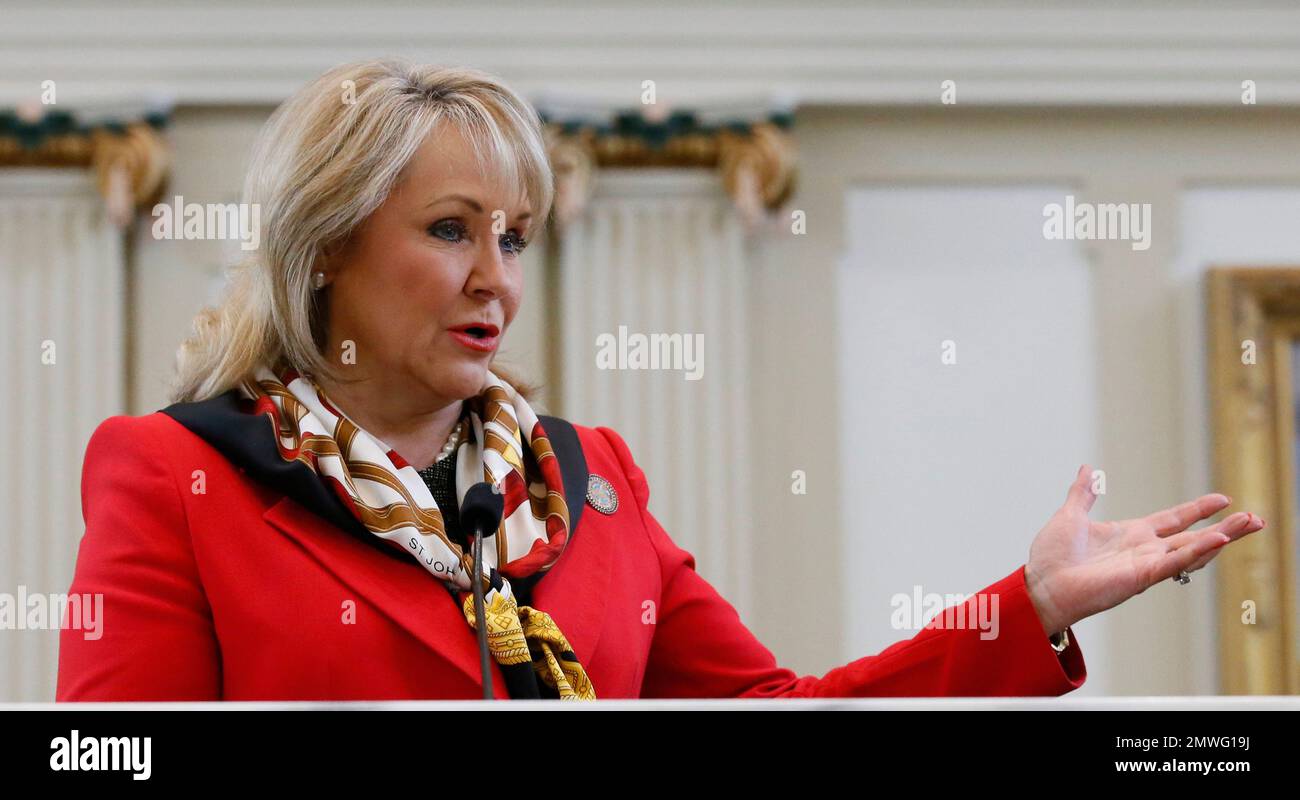 Oklahoma Gov. Mary Fallin gestures as she delivers her annual State of ...