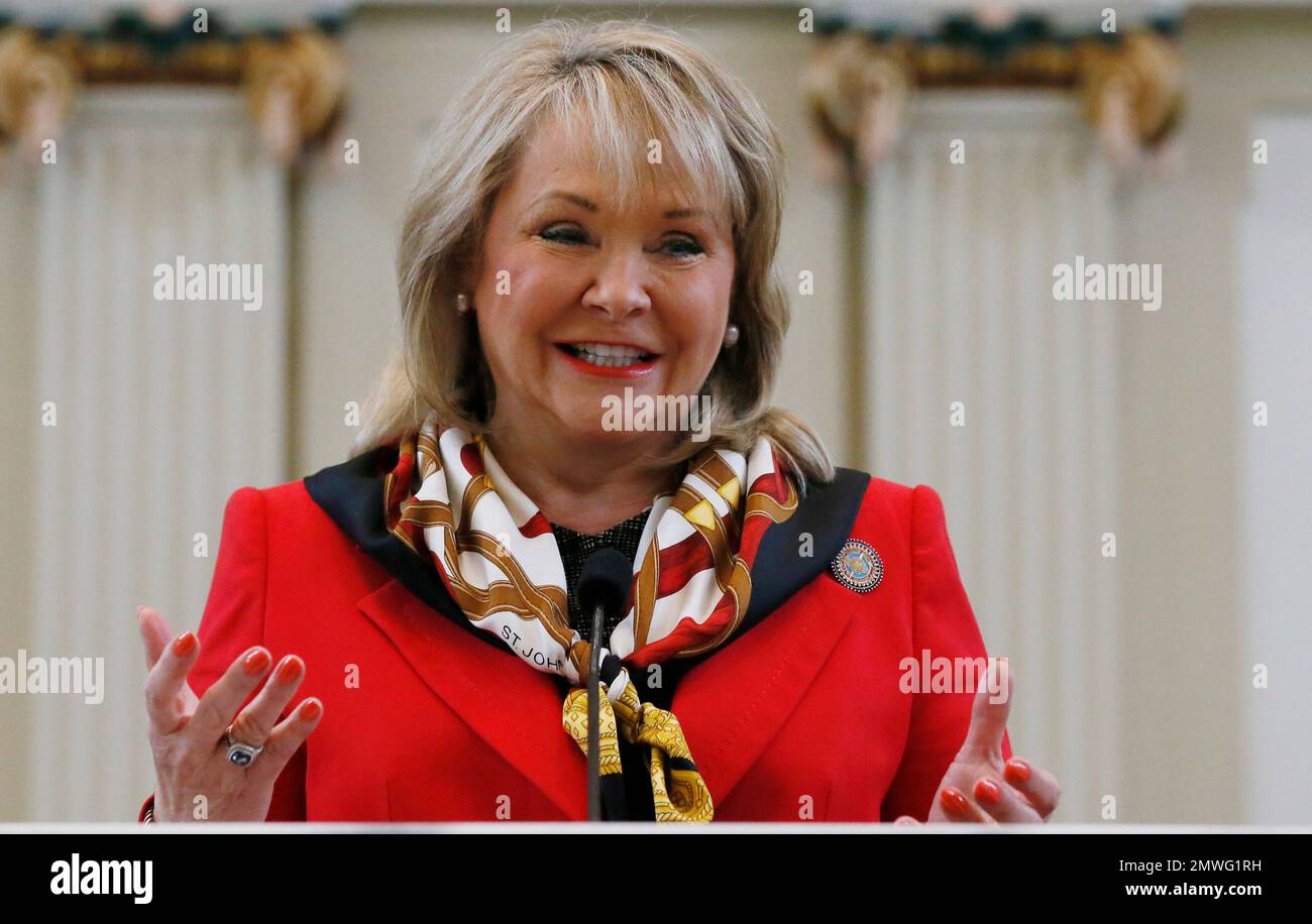 Oklahoma Gov. Mary Fallin gestures as she delivers her annual State of ...