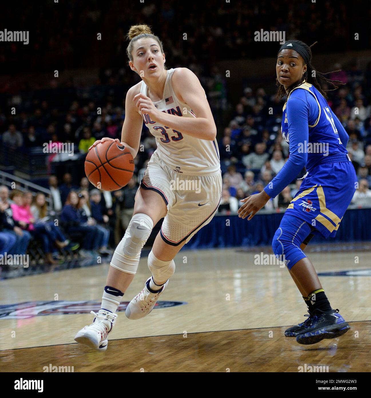 Connecticut’s Katie Lou Samuelson, left, Tulsa’s Shug Dickson, right ...
