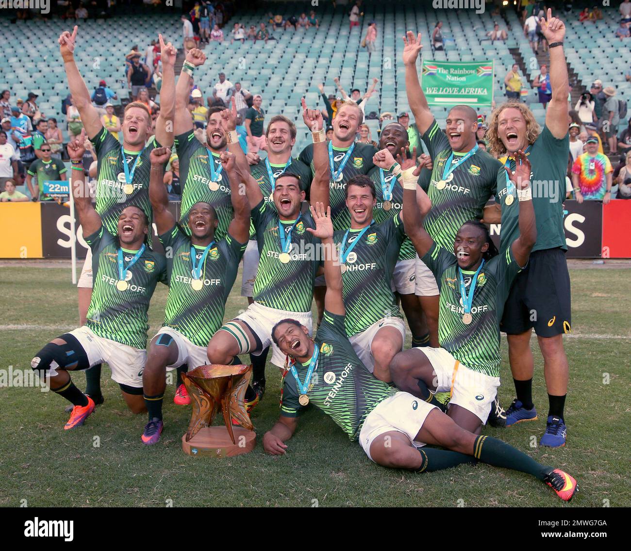 South African team celebrates their win over England in the final at ...