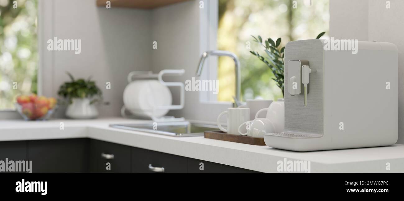 Close-up image of a minimal coffee maker machine and a tray of coffee ...