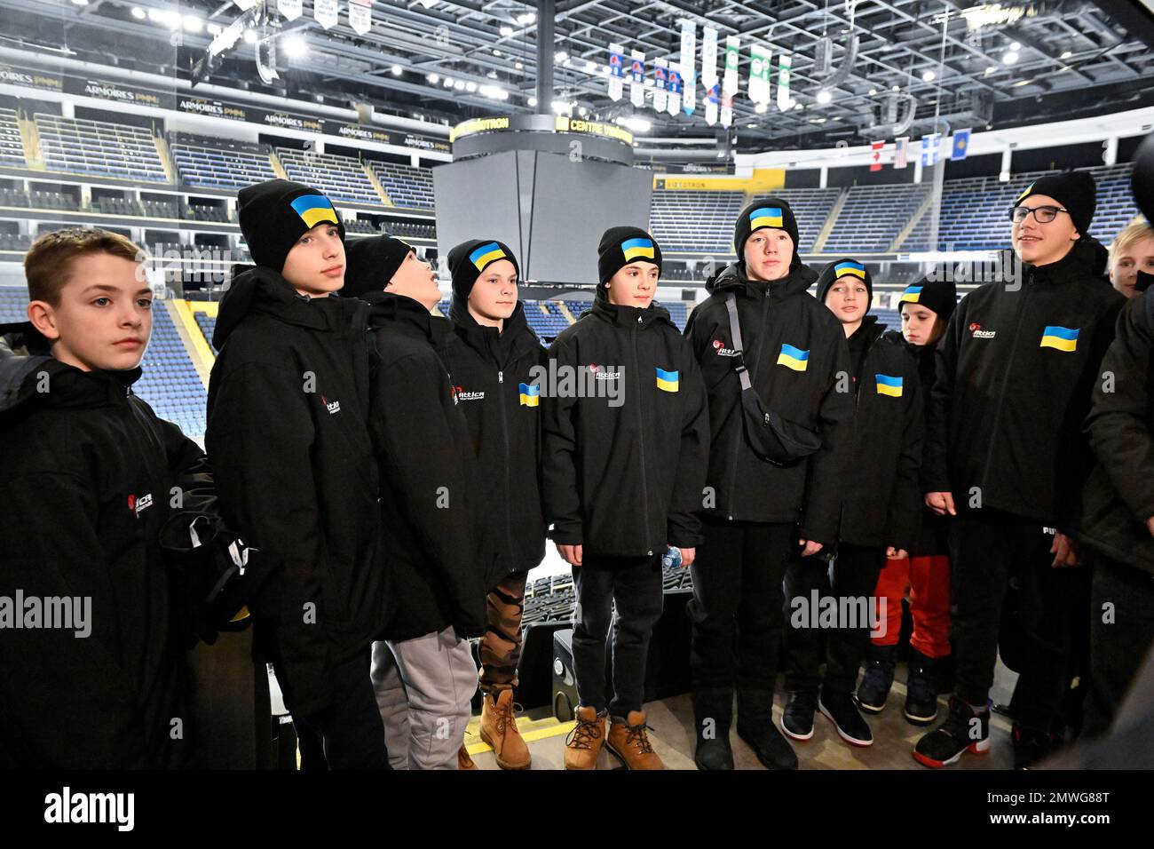 Quebec, Canada, February 1, 2023, Ukrainian peewee hockey players check ...