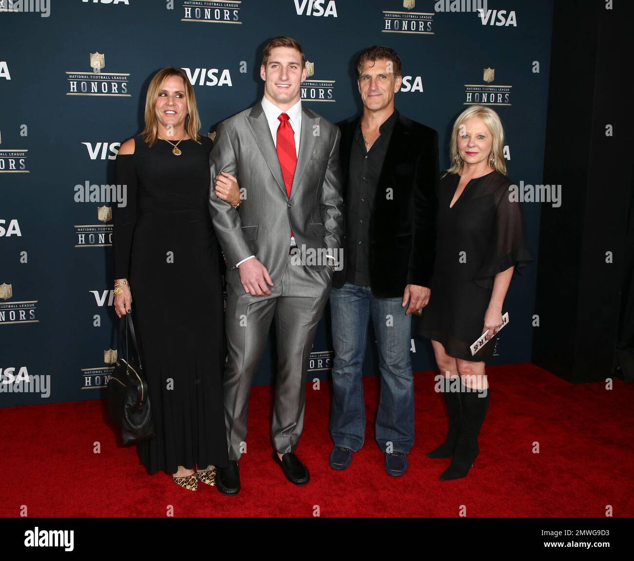 Cheryl Bosa, from left, Joey Bosa, John Bosa, and guest arrive at the ...