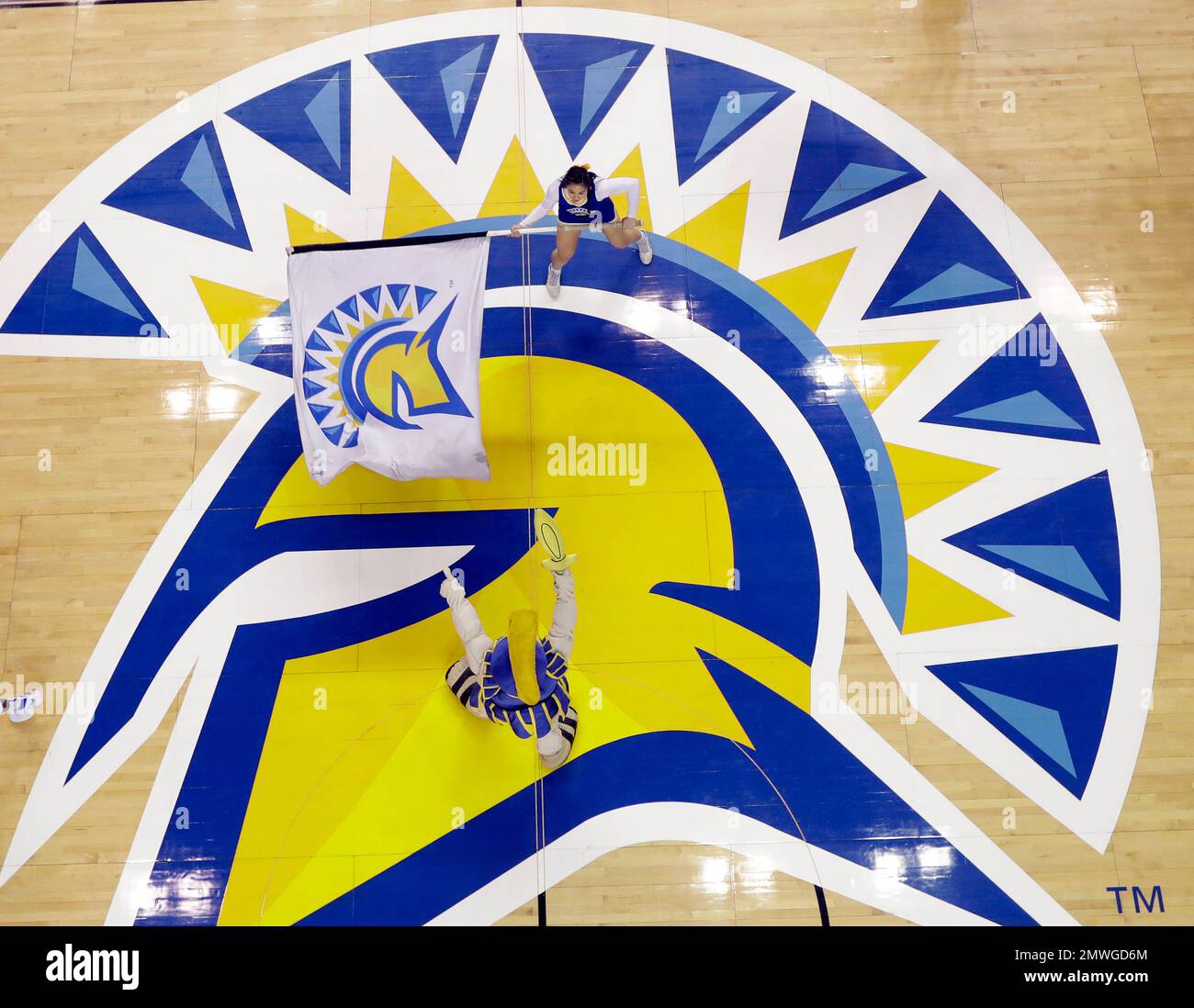 In this Jan. 28, 2017 photo, a San Jose State cheerleader and team ...