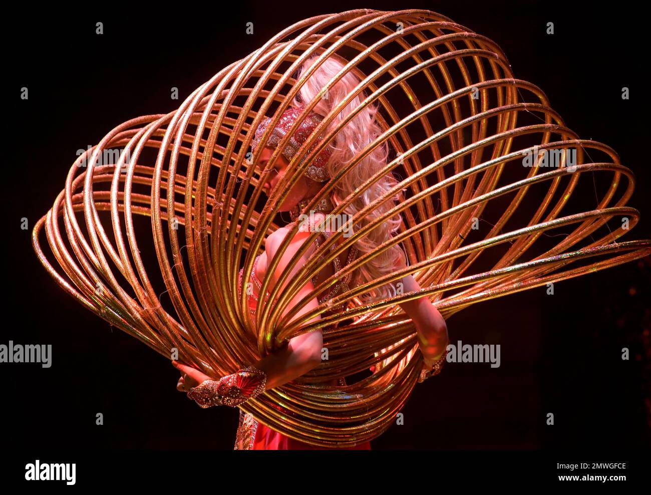 A circus artist performs during a rehearsal of the Giant Fountains show ...