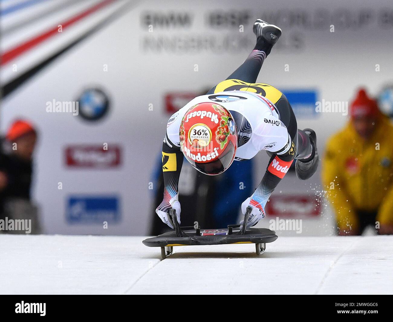 Germany's Tina Hermann jumps on her skeleton during her first run in ...