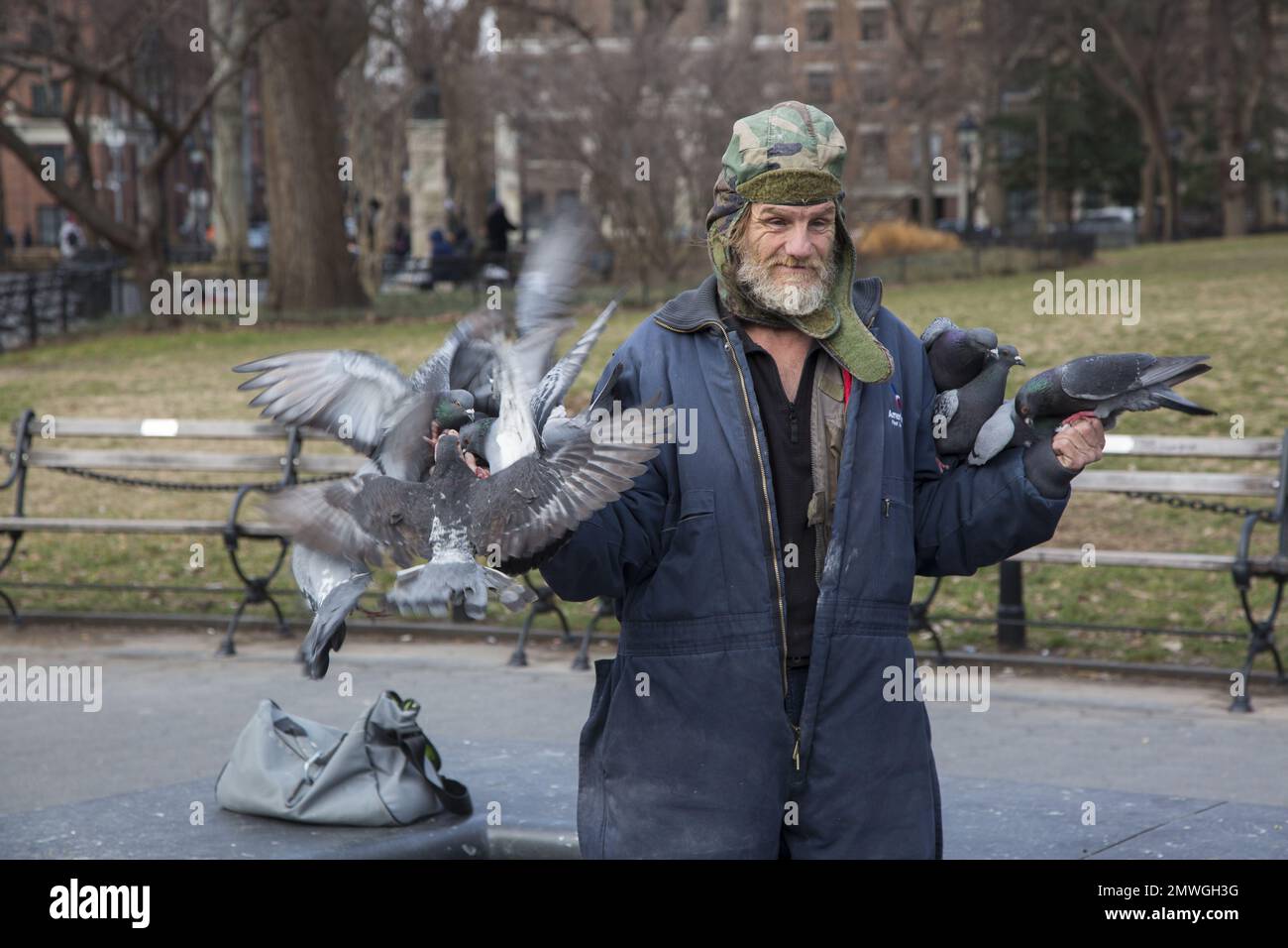 The "Bird Man" of Washington Square Park with the flocks of pigeons ...