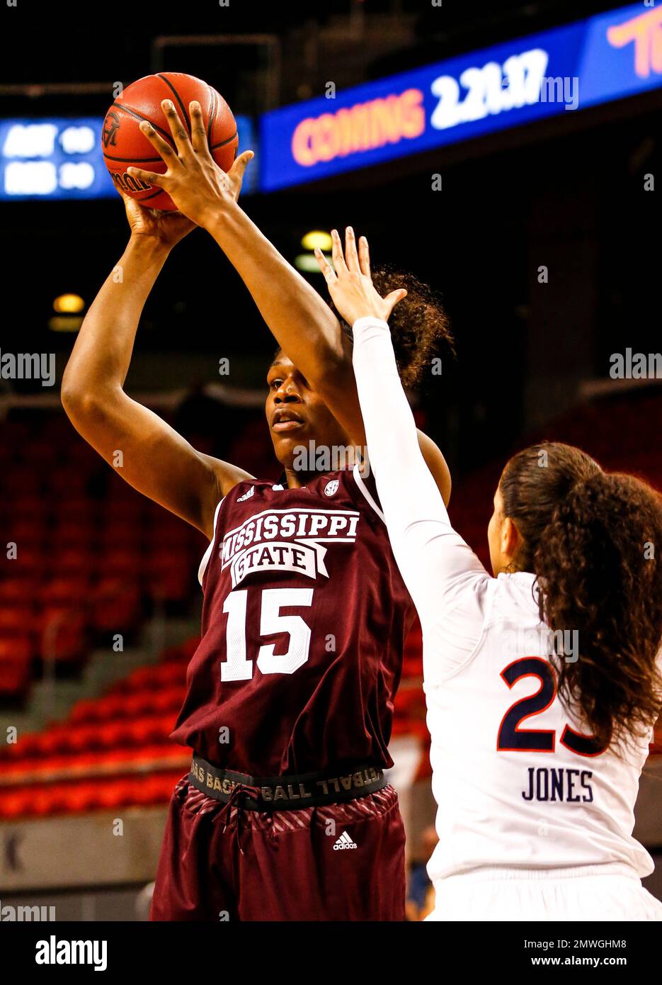 Mississippi State center Teaira McCowan (15) shoots over Auburn forward ...