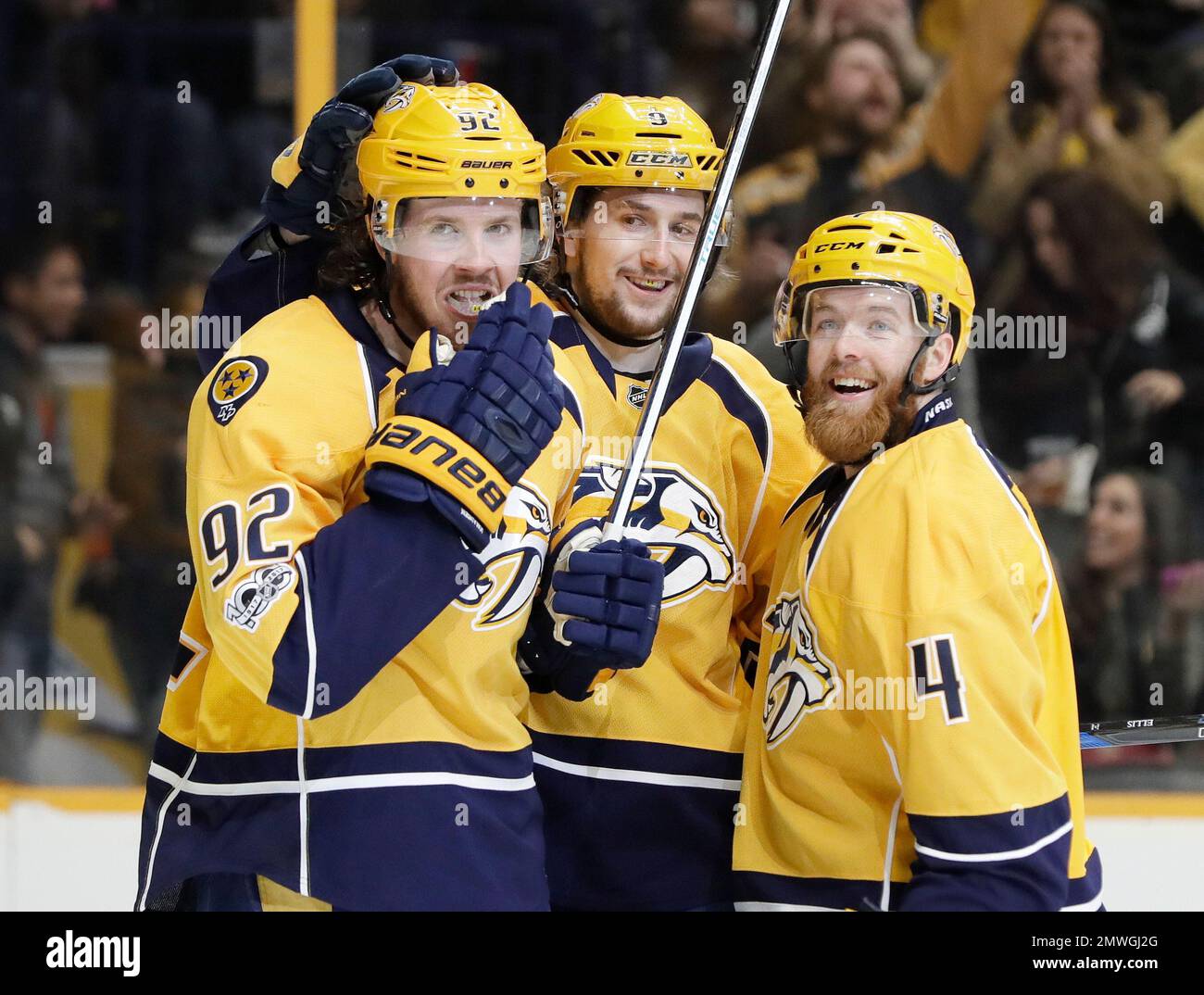 Nashville Predators center Ryan Johansen (92) celebrates with Filip ...