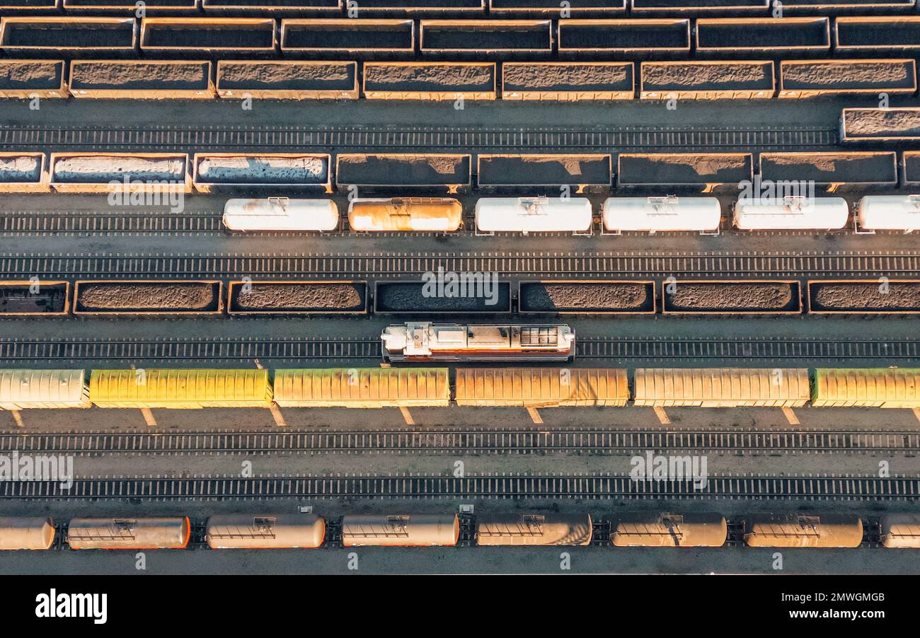 A birds eye view of trains in the railway on a sunny day Stock Photo ...