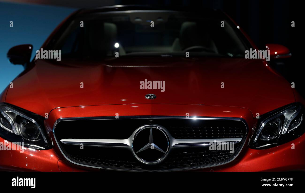 The logo of Mercedes-Benz E-Class Coupe is photographed prior to the ...
