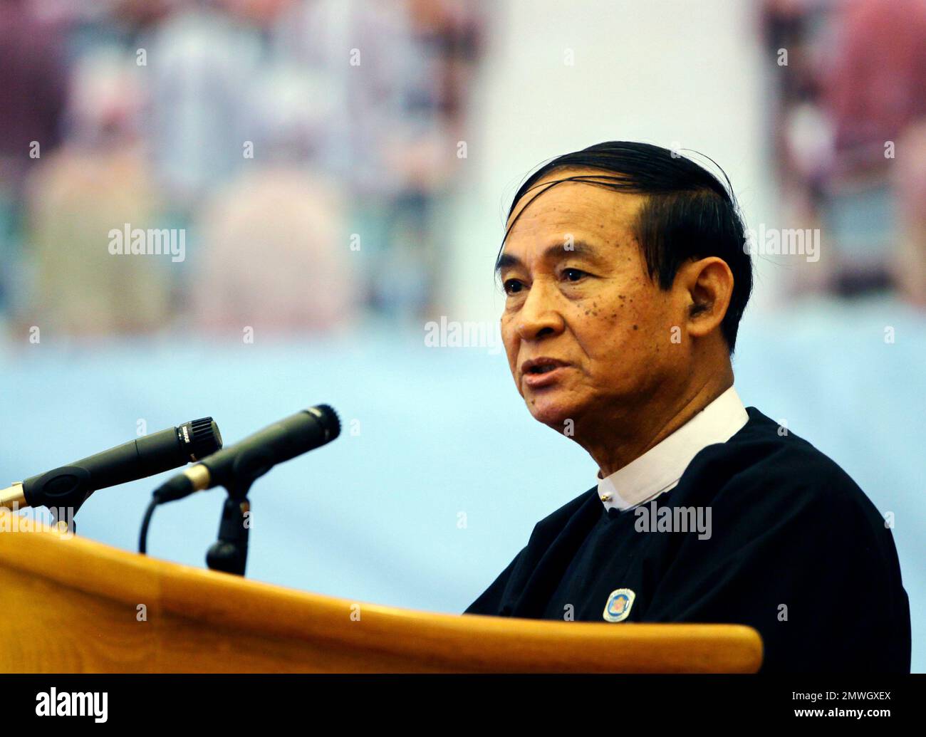 Myanmar's Lower House Speaker Win Myint delivers a speech during a ...