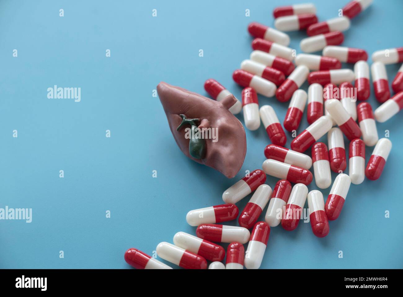 Concept of liver related disease treatment with medication. Human ...