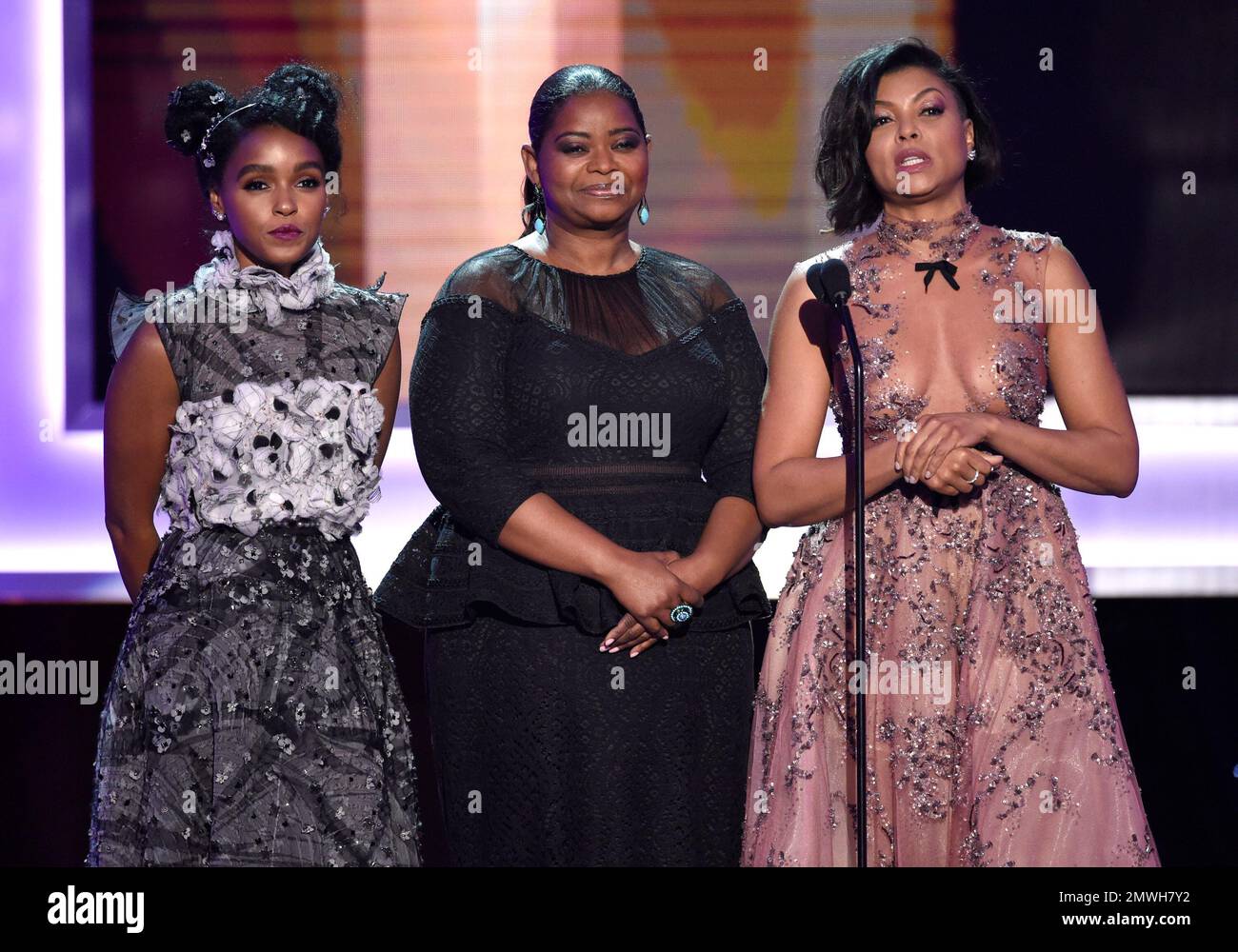 Janelle Monae, from left, Octavia Spencer, and Taraji P. Henson speak ...