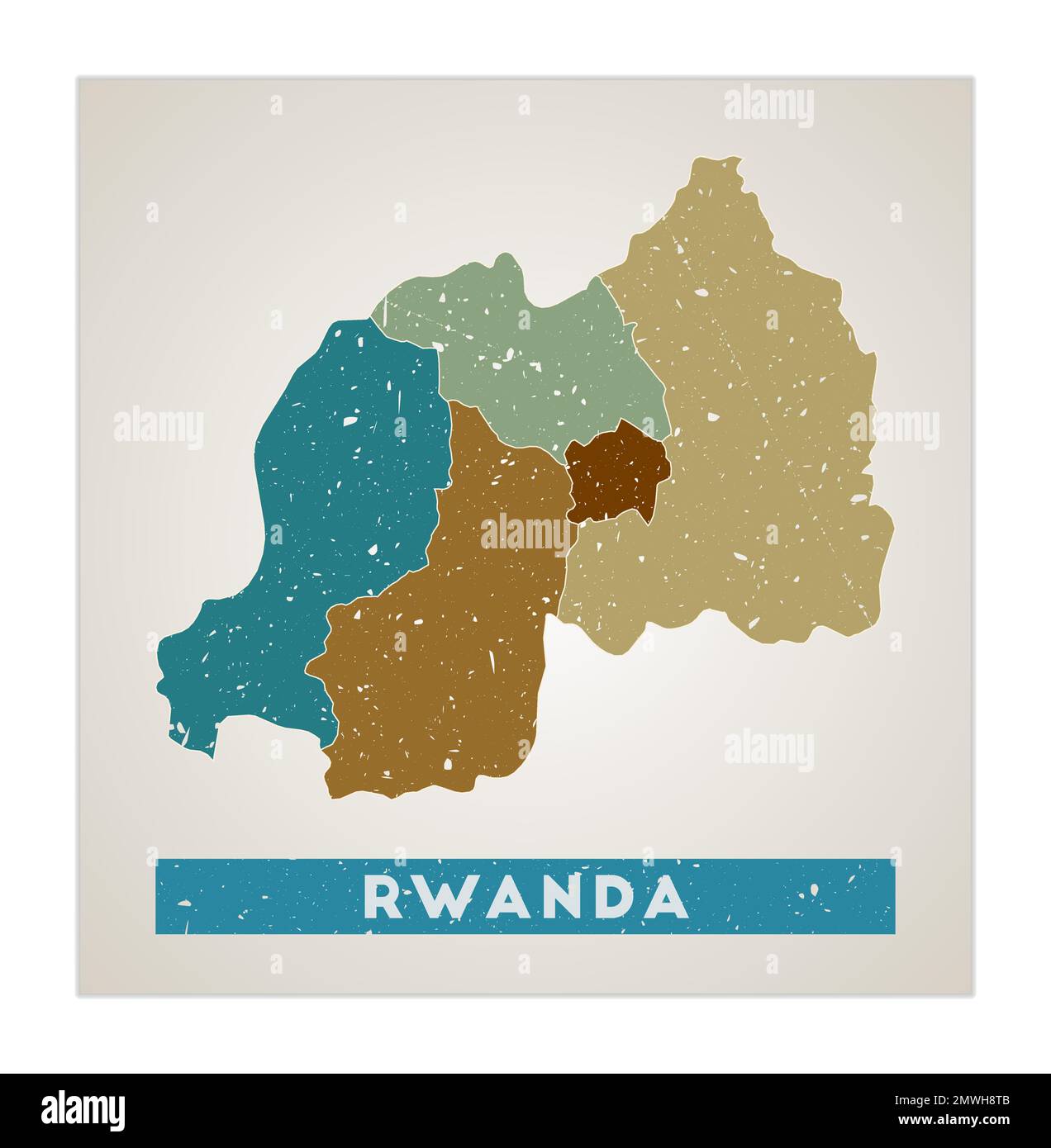 Rwanda map. Country poster with regions. Old grunge texture. Shape of ...