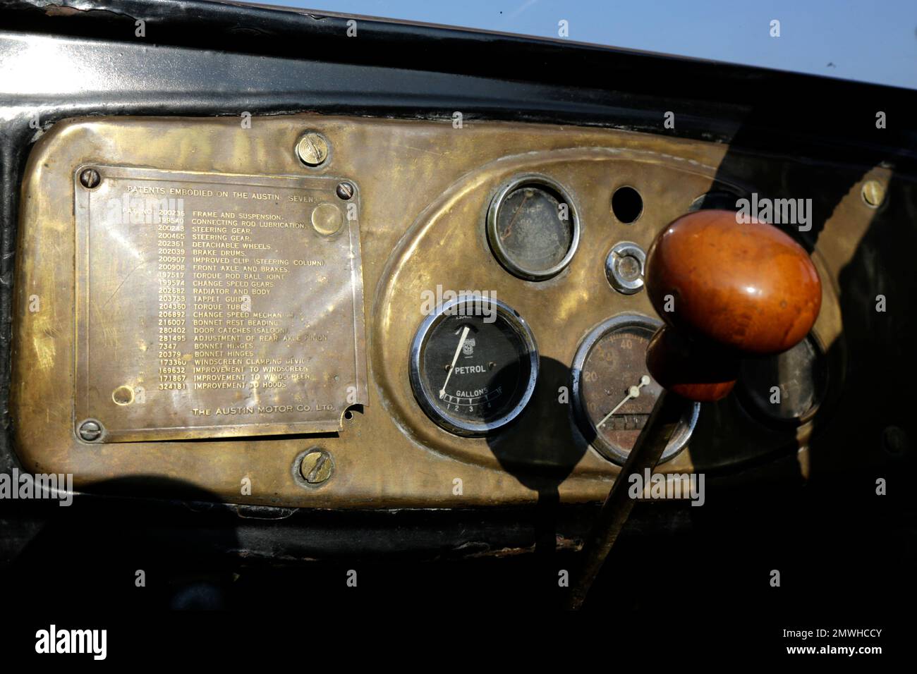 Dashboard of a 1933 Austin Seven shows a template of patented parts on ...