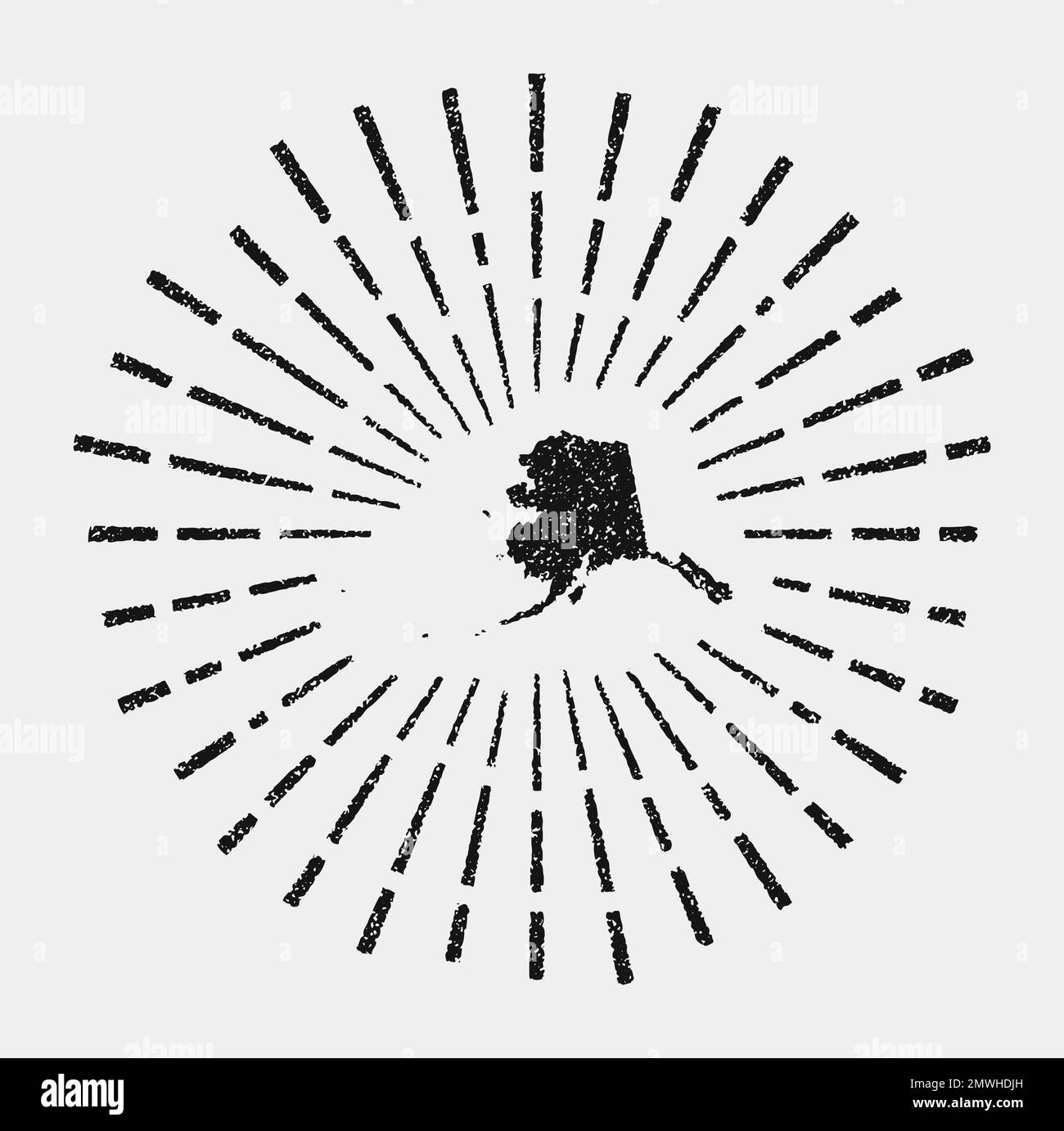 Vintage map of Alaska. Grunge sunburst around the US state. Black ...