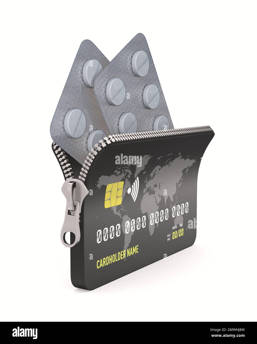credit card with zipper and tablets in blister pack on white background ...