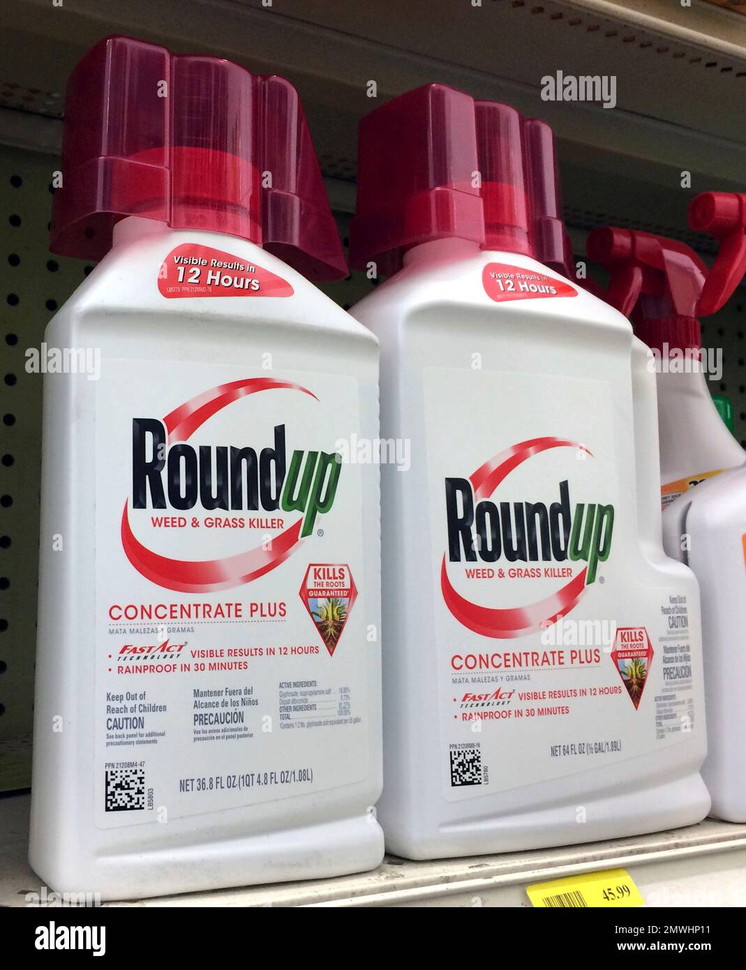 Containers of Roundup a weed killer is seen on a shelf at a hardware ...