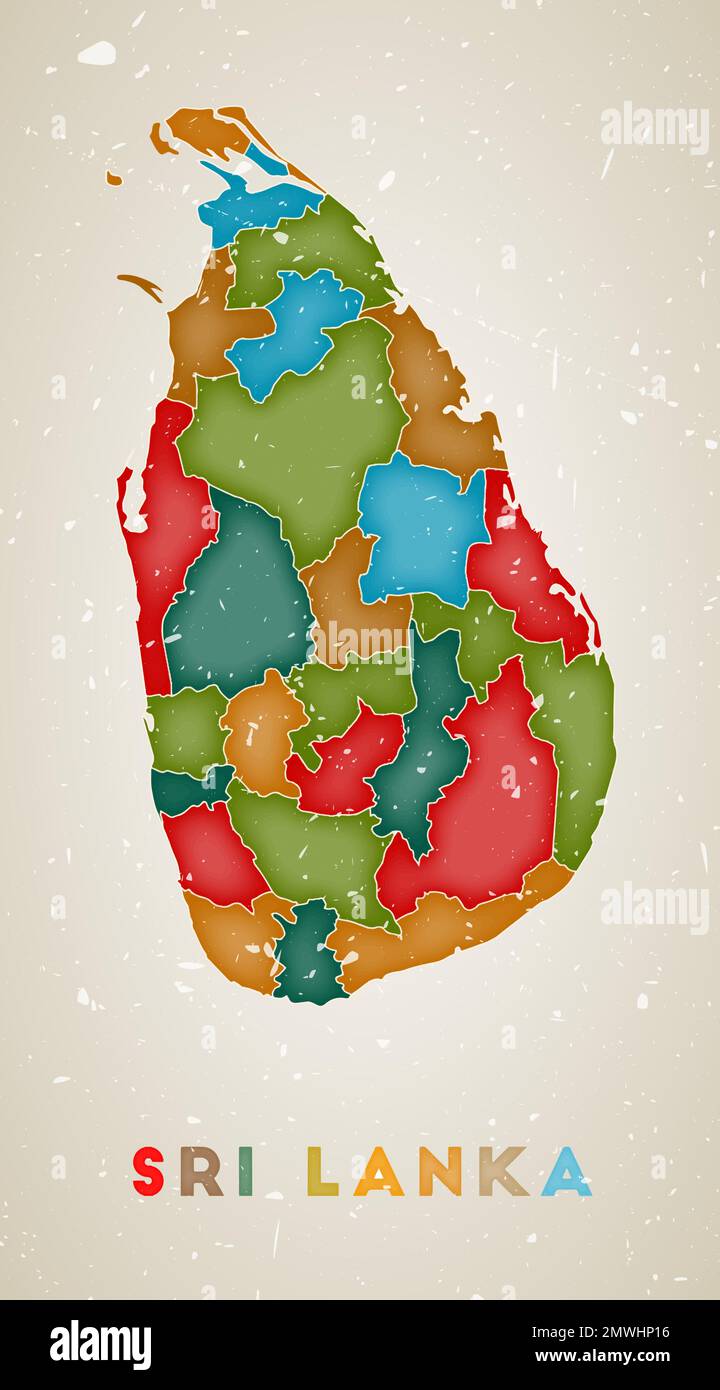 Sri Lanka map. Country poster with colored regions. Old grunge texture ...
