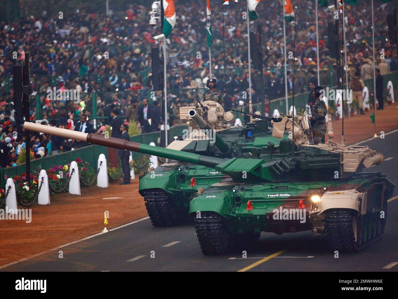 Indian army tanks roll down Rajpath, the ceremonial boulevard, during ...