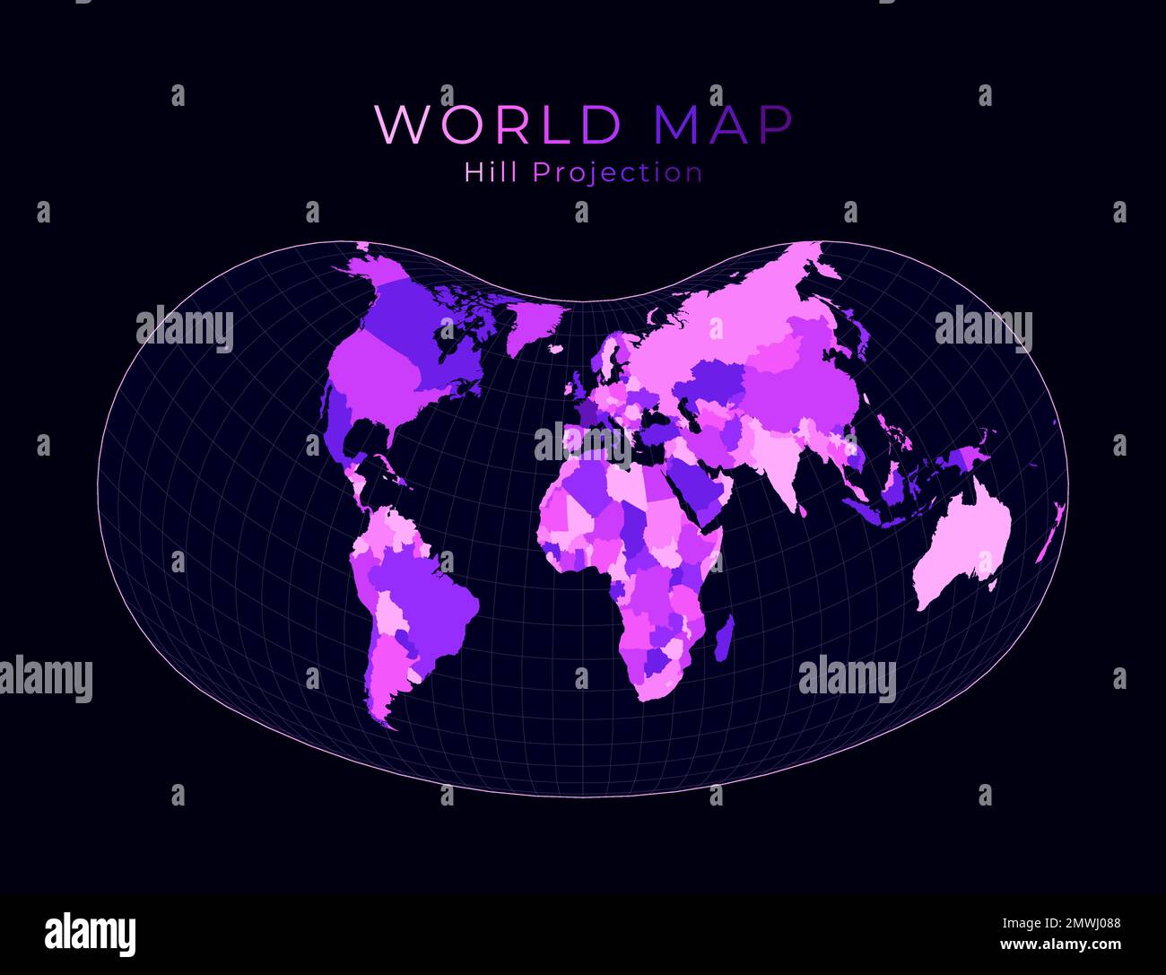 World Map. Hill projection. Digital world illustration. Bright pink ...