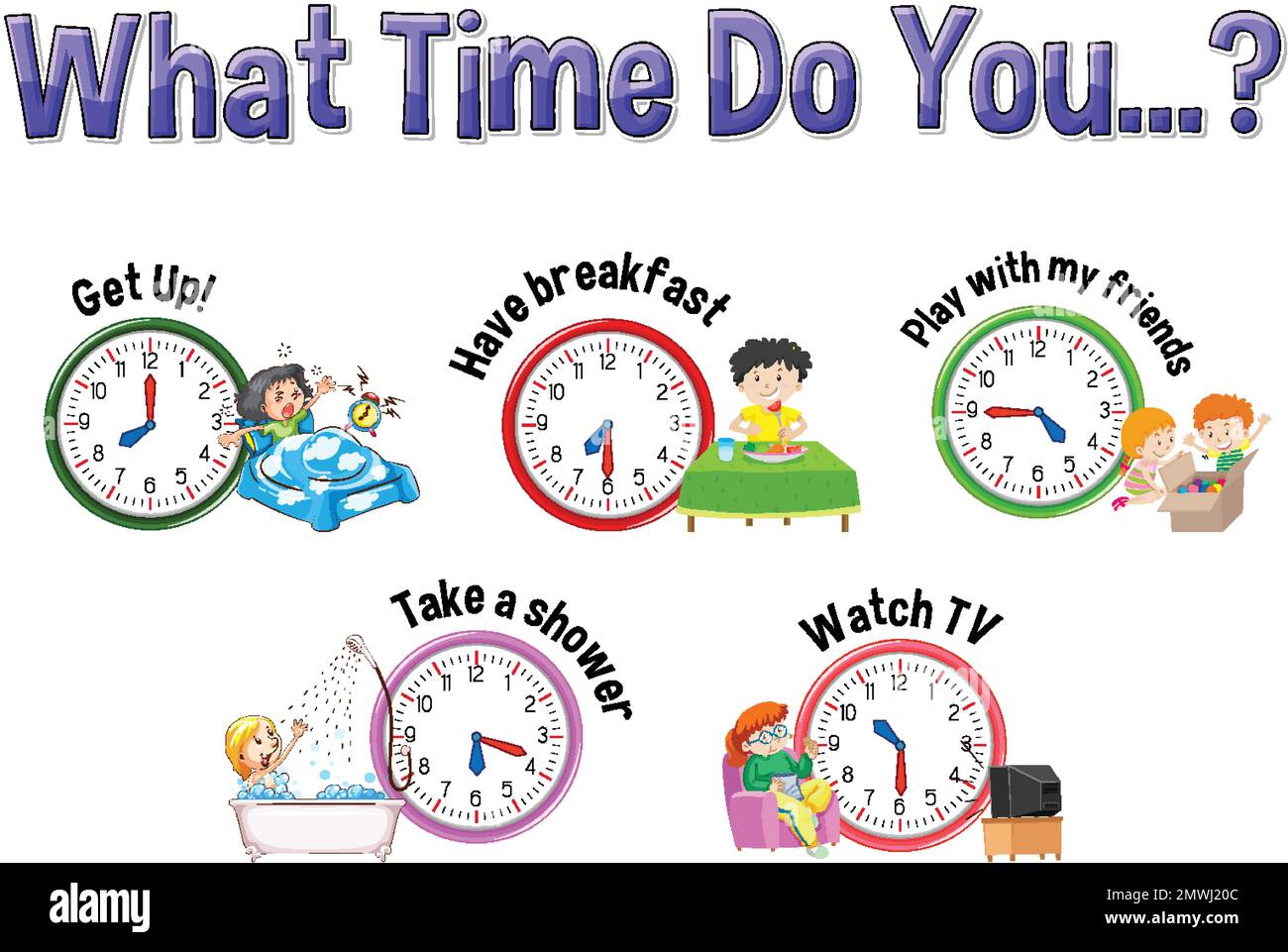 Daily Routine With Time And Cartoon Characters Illustration Stock Vector Image And Art Alamy