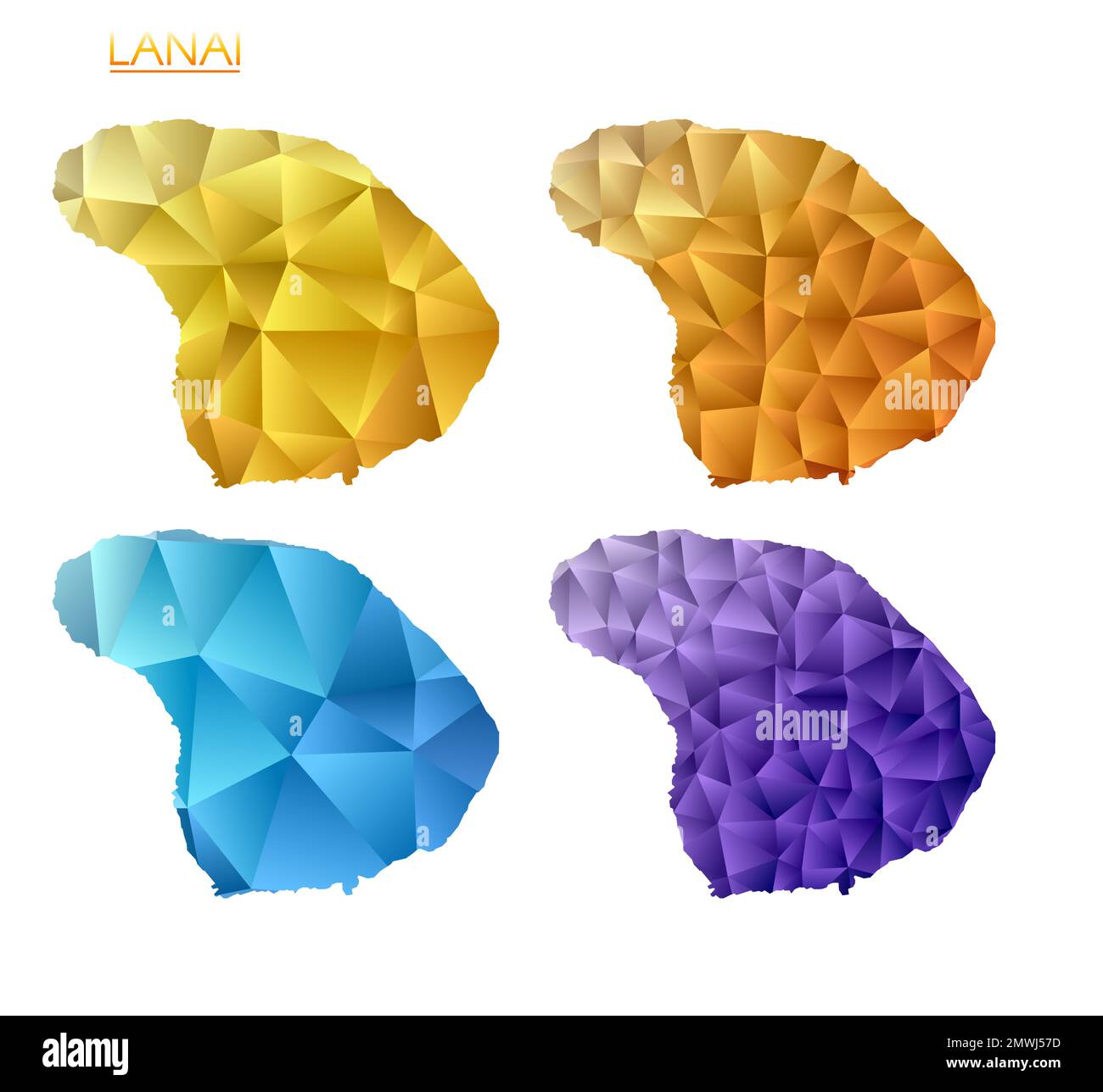 Set of vector polygonal maps of Lanai. Bright gradient map of island in ...
