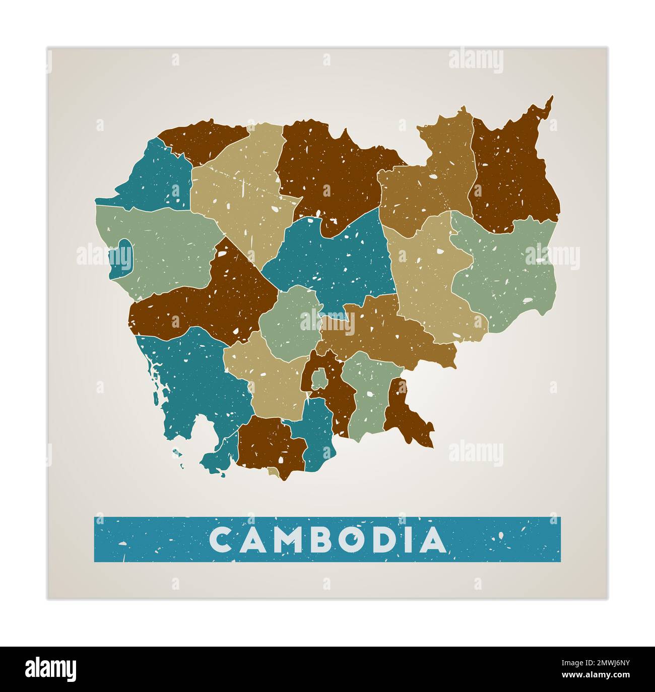 Cambodia map. Country poster with regions. Old grunge texture. Shape of Cambodia with country ...
