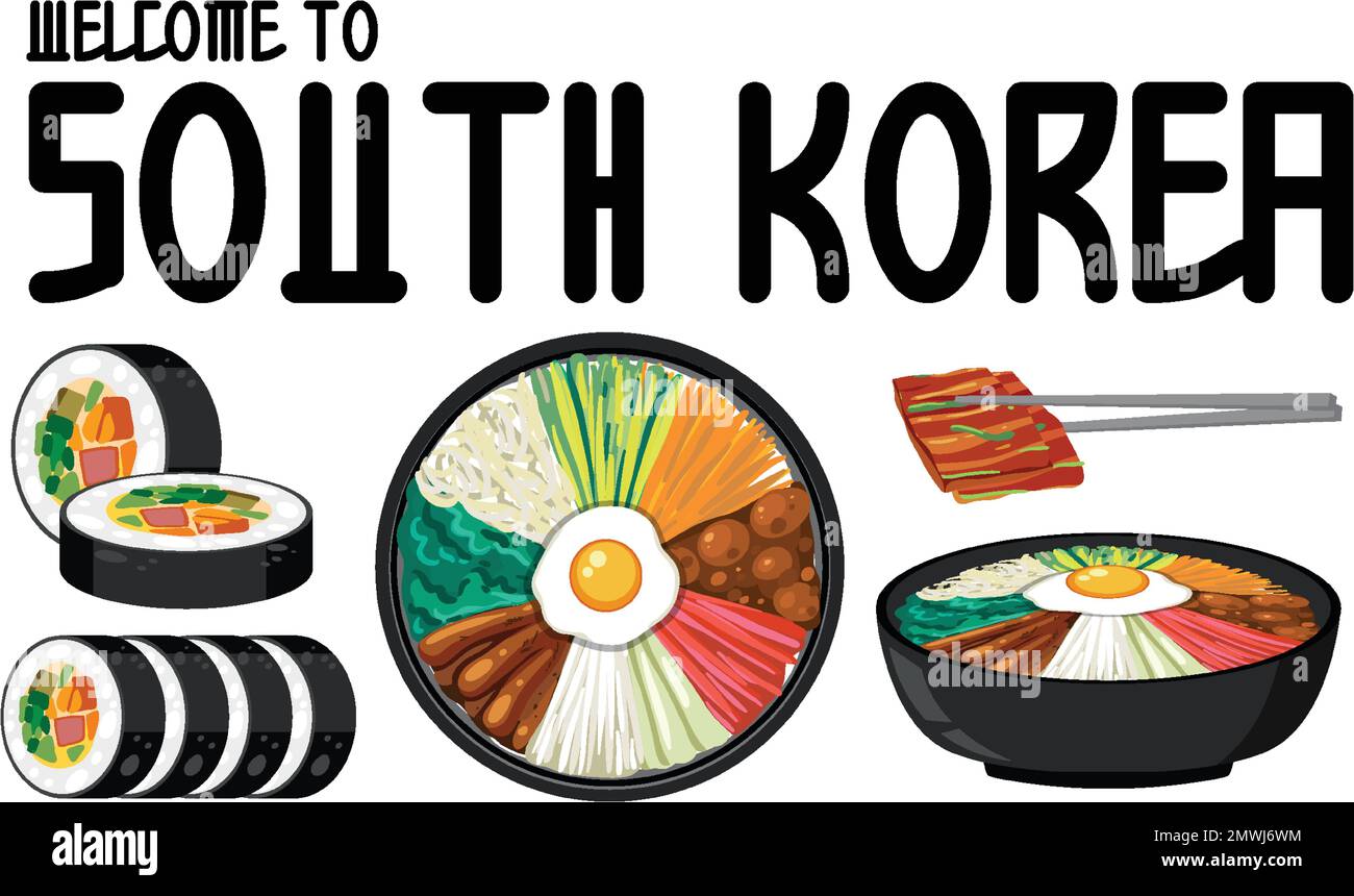 Welcome to South Korea text with traditional Korean food illustration ...