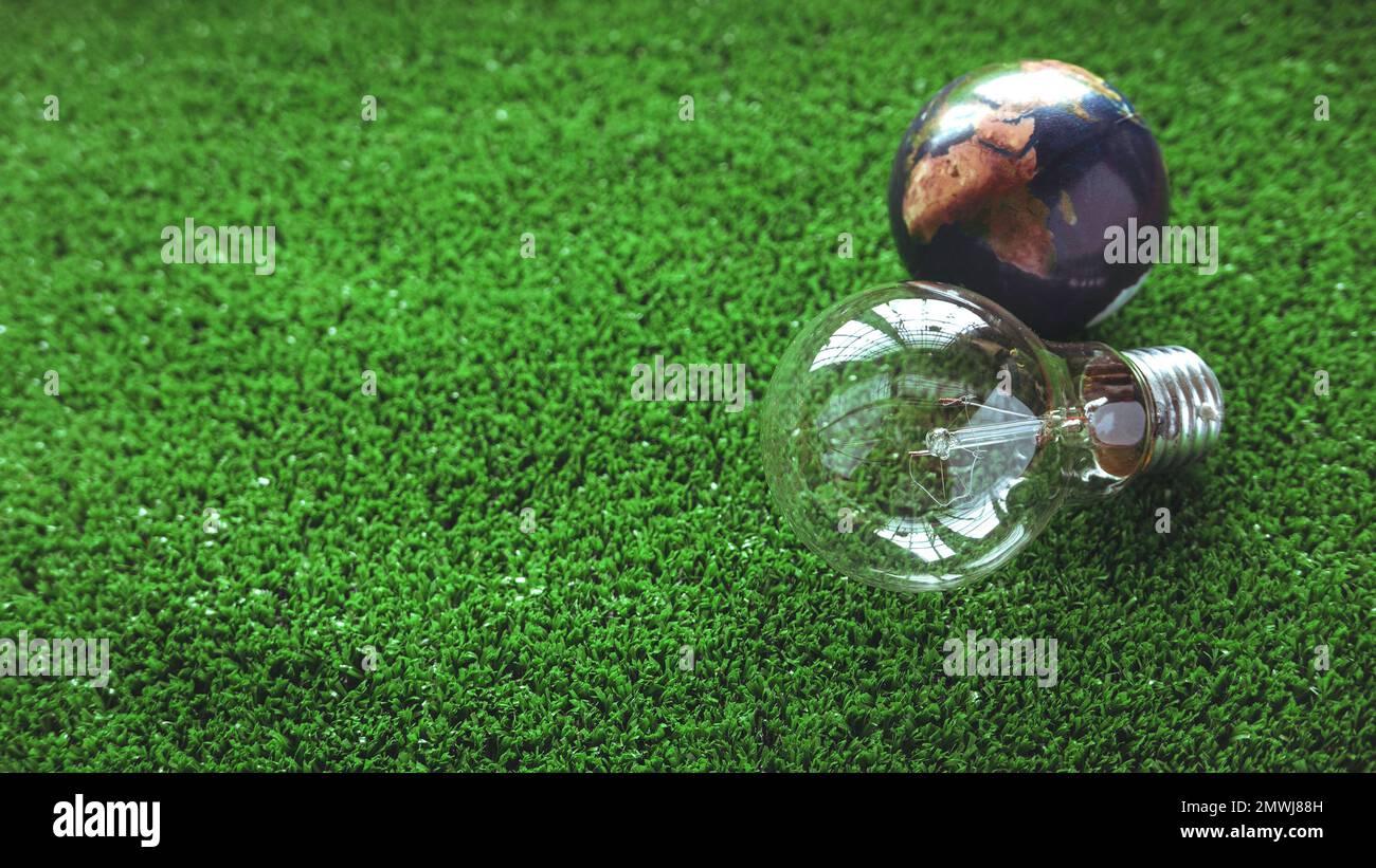 Light bulb and a miniature earth on the green grass.The concept of ...