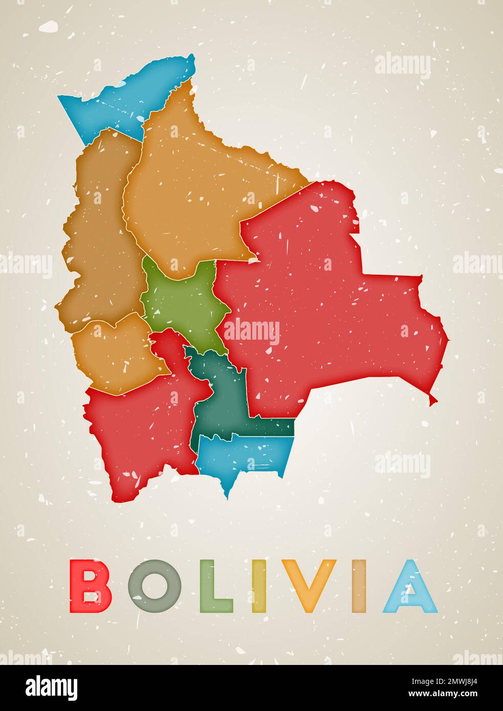 Bolivia map. Country poster with colored regions. Old grunge texture ...