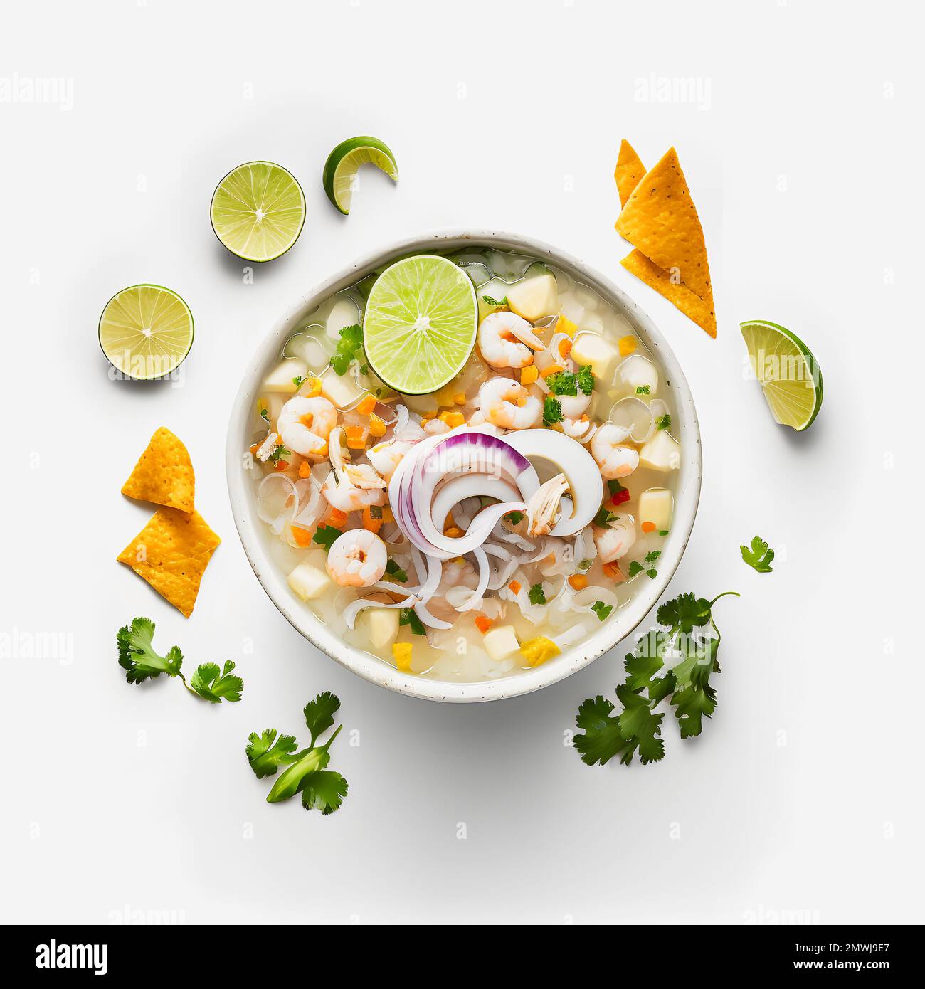 stunning Ceviche on white background food photography. Highlight the vibrant flavors of Latin ...