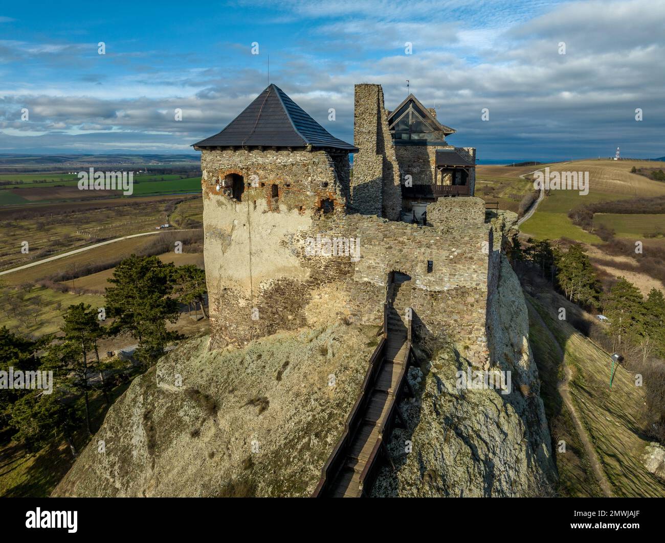 Aerial view of partially restored Boldogko, medieval Gothic castle in ...