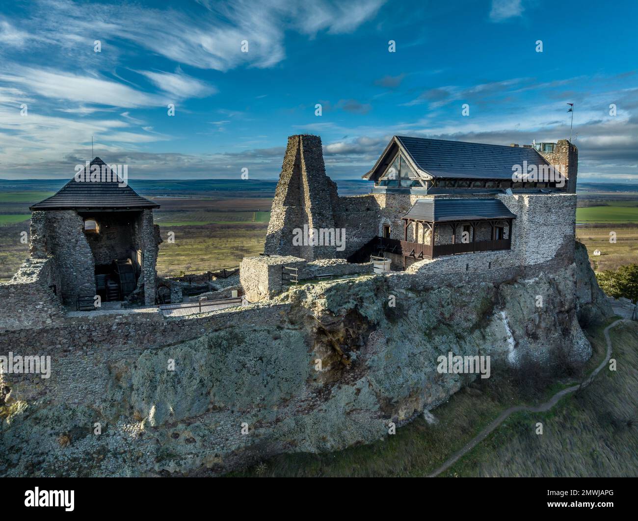 Aerial view of partially restored Boldogko, medieval Gothic castle in ...