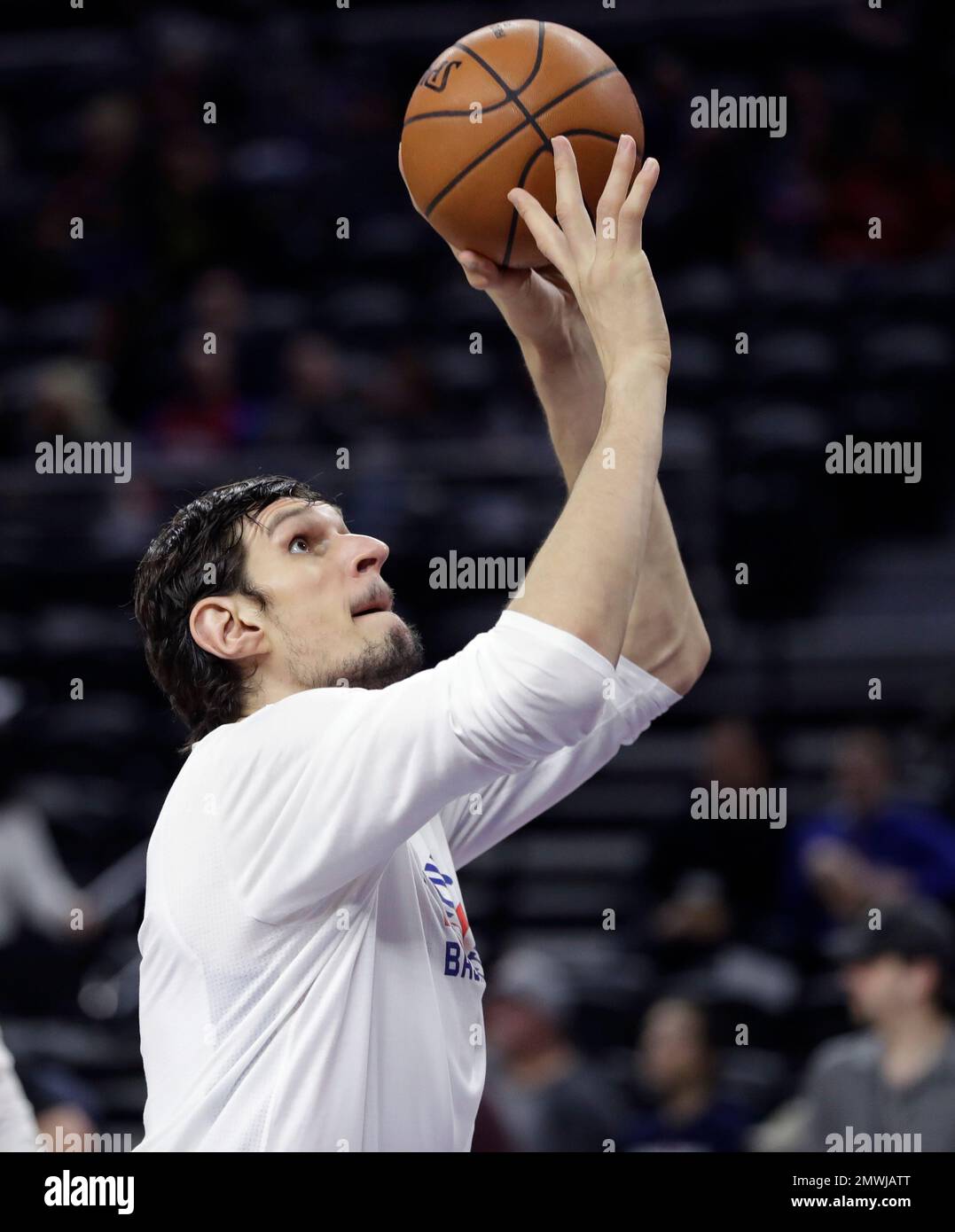 Detroit Pistons center Boban Marjanovic warms up before an NBA ...