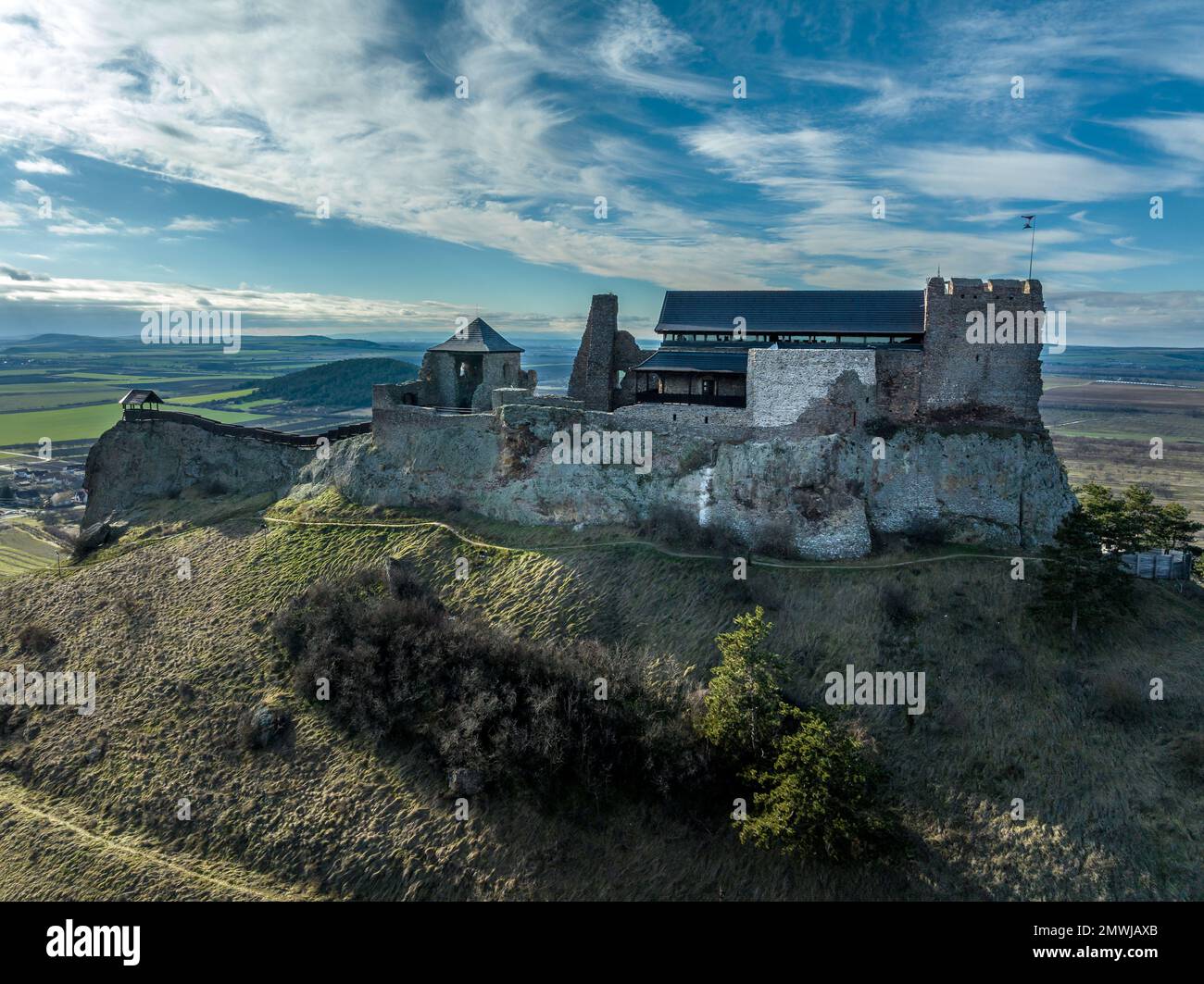 Aerial view of partially restored Boldogko, medieval Gothic castle in ...