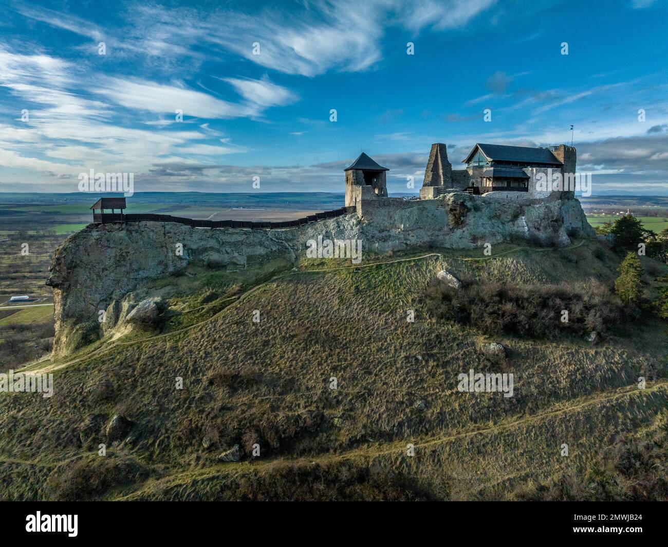 Aerial view of partially restored Boldogko, medieval Gothic castle in ...