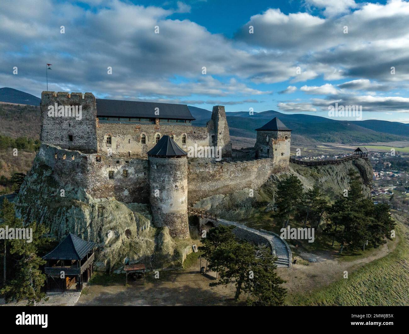 Aerial view of partially restored Boldogko, medieval Gothic castle in ...