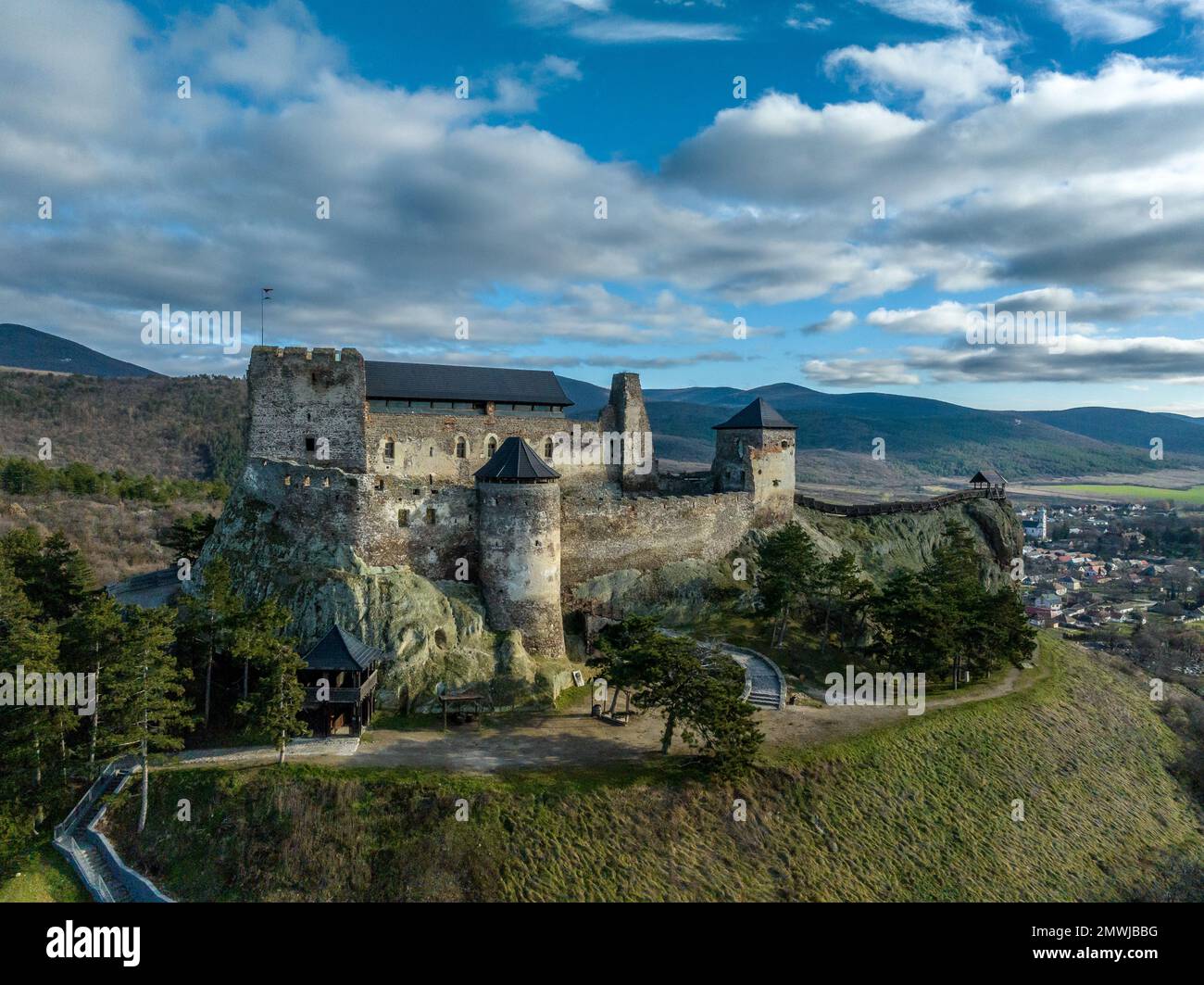 Aerial view of partially restored Boldogko, medieval Gothic castle in ...