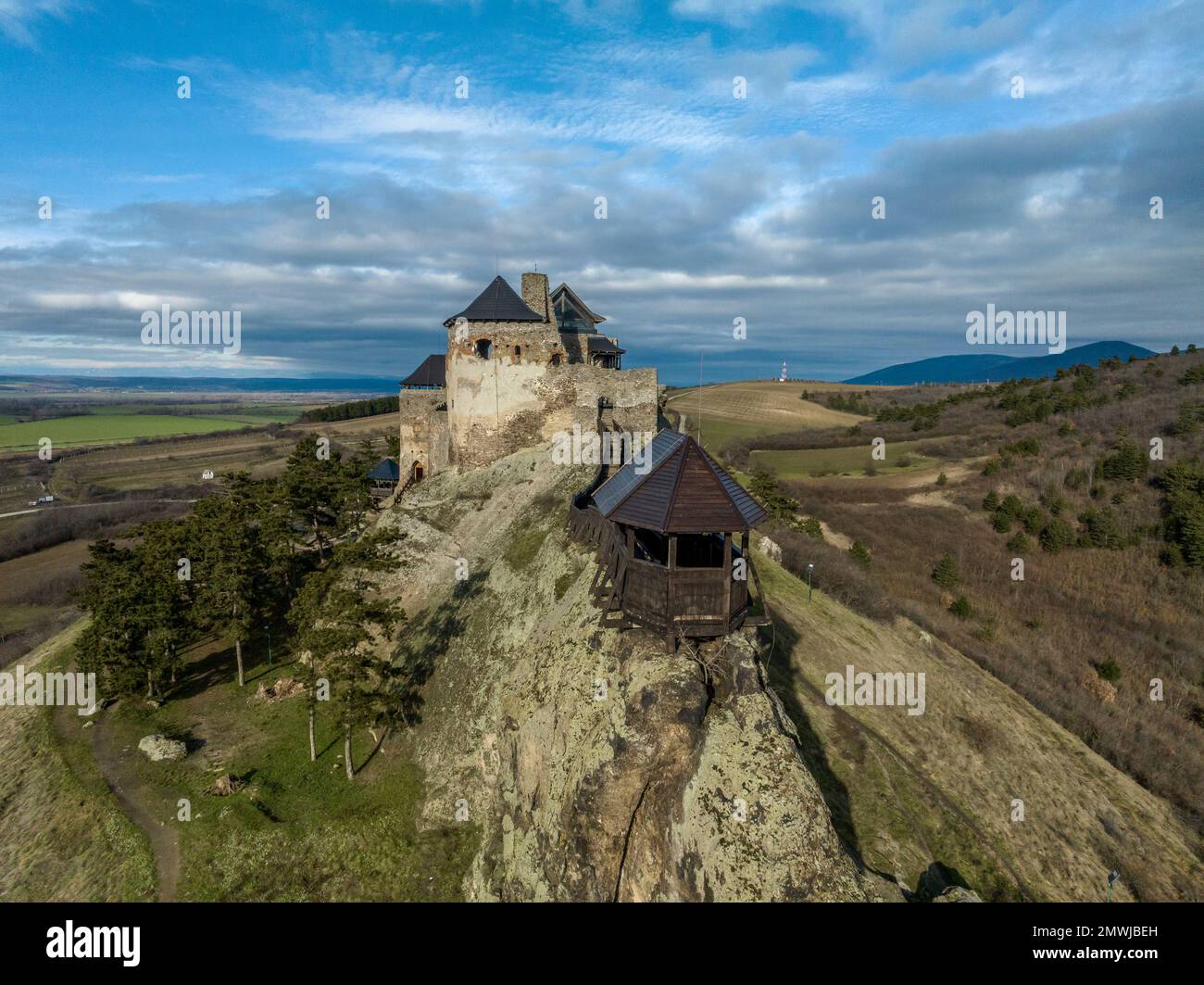 Aerial view of partially restored Boldogko, medieval Gothic castle in ...