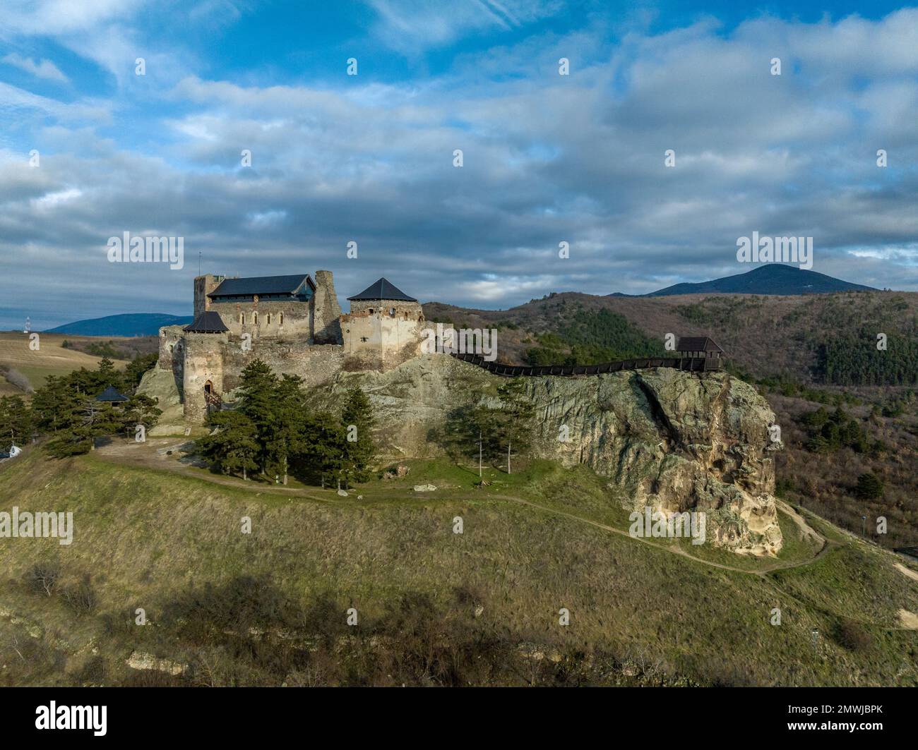 Aerial view of partially restored Boldogko, medieval Gothic castle in ...