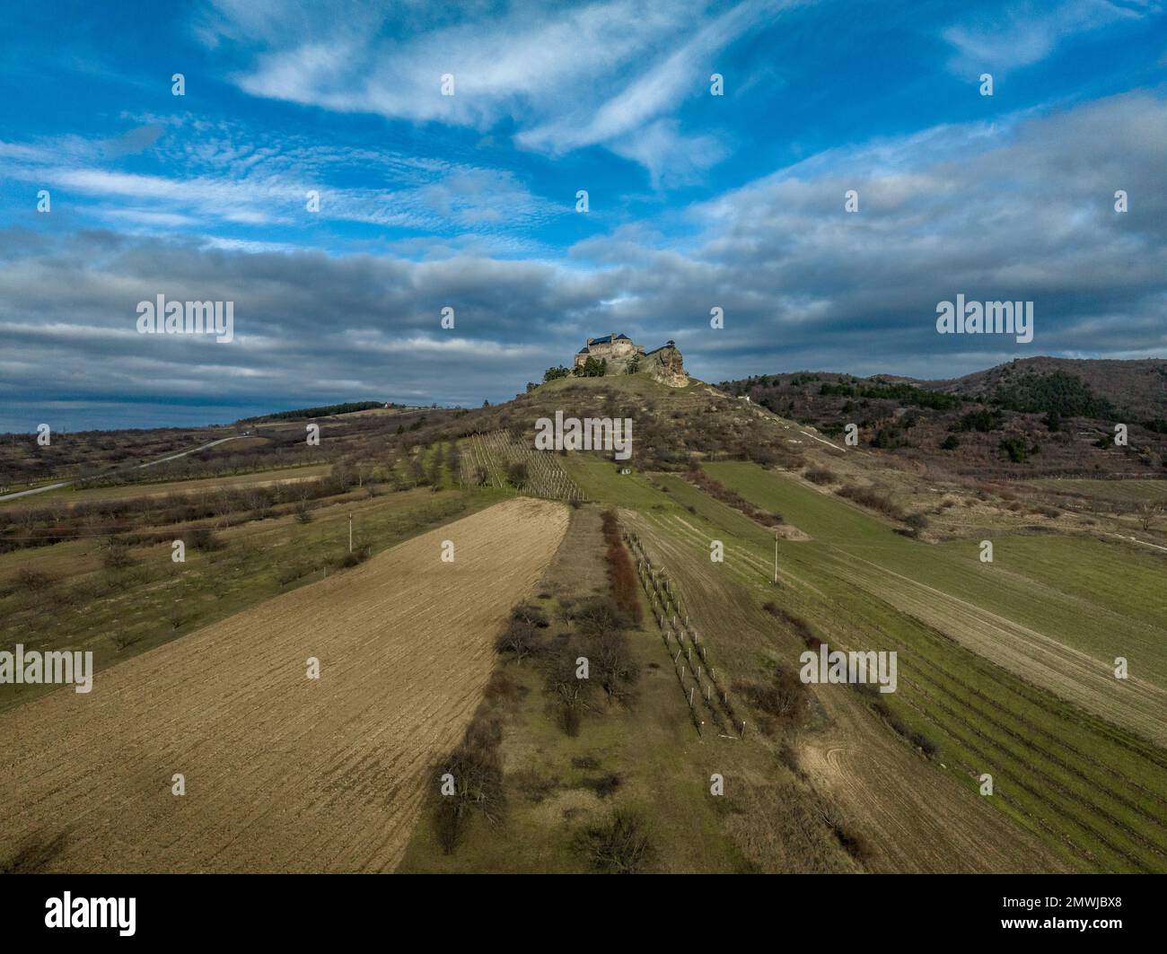 Aerial view of partially restored Boldogko, medieval Gothic castle in ...